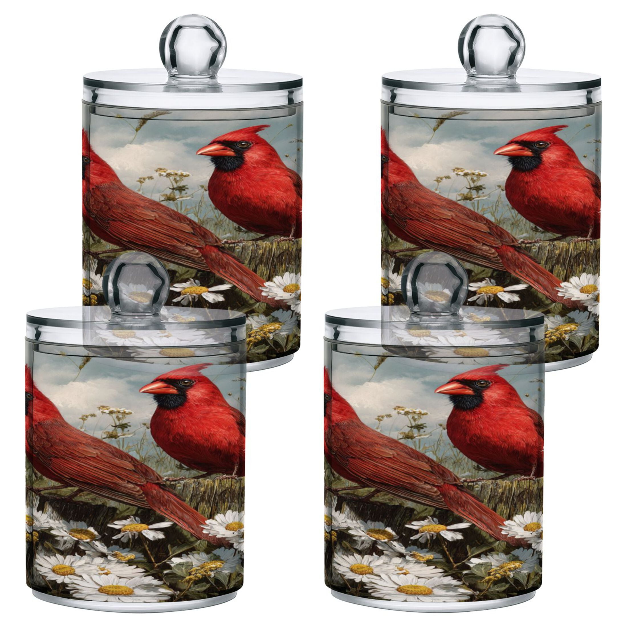 Red Birds Standing on Fence Flowers Translucent Plastic Cans Storage ...