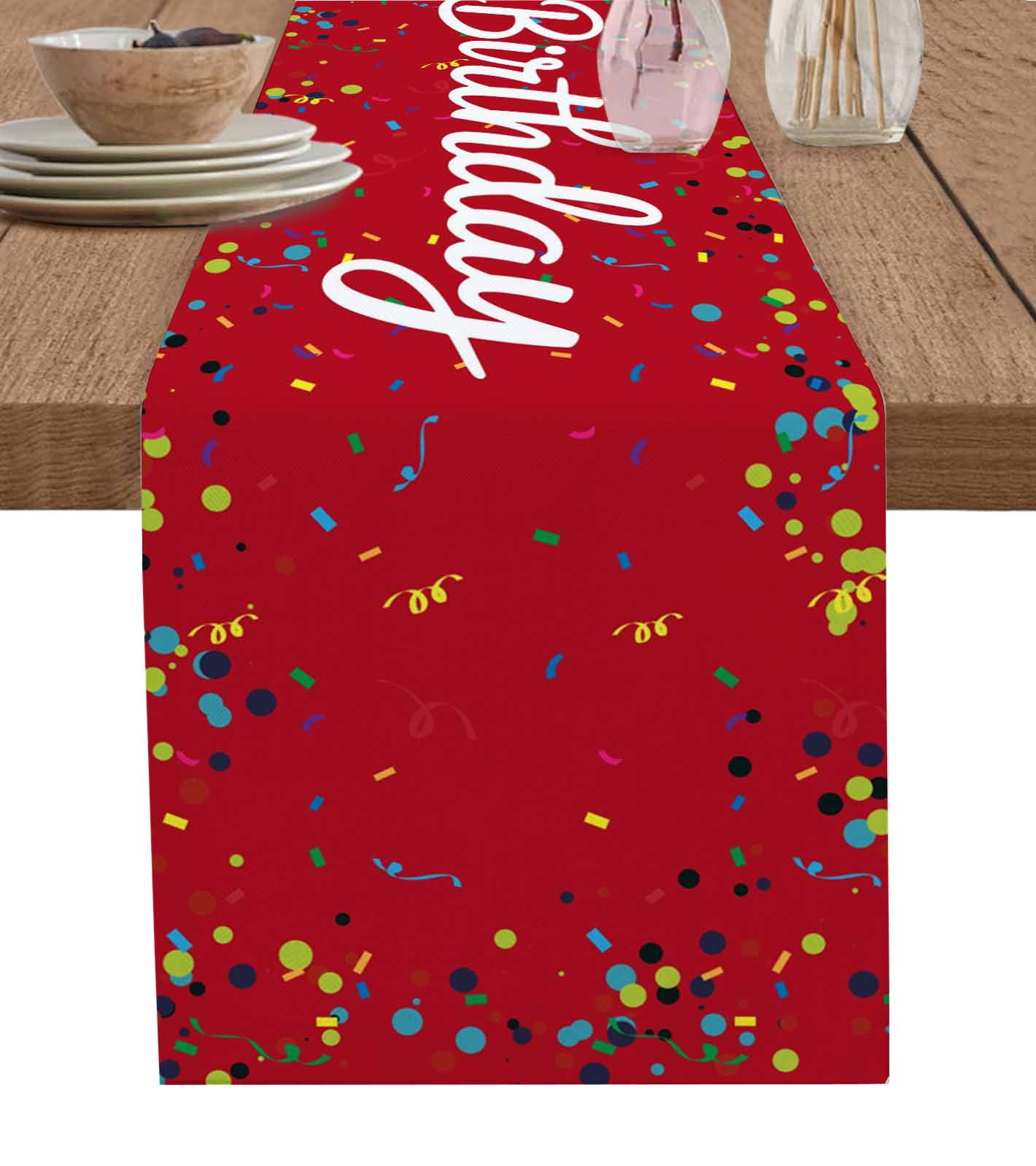 Red Birthday Table Runner 36 Inches, Colorful Confetti Ribbons Polka ...