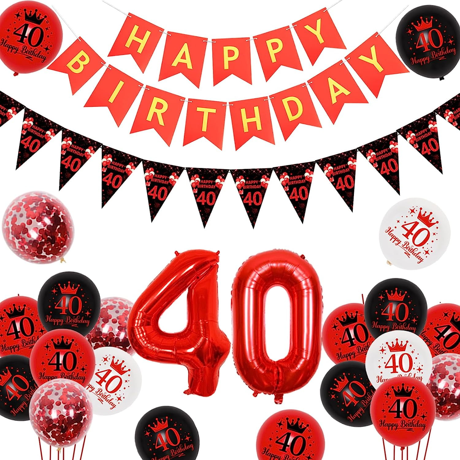 Red and Black 40th Birthday Decorations, 40th Birthday Bunting, Happy ...