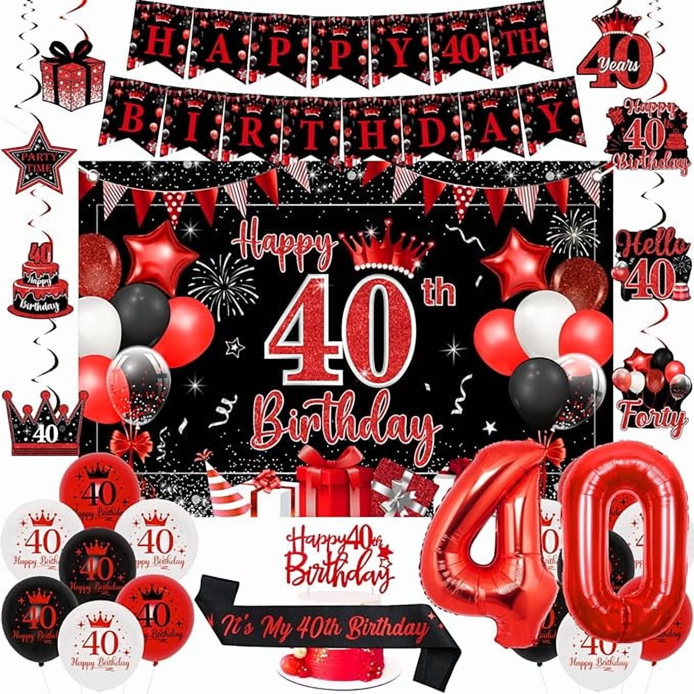 Red and Black 40th Birthday Decorations for Women Men, Happy 40th ...