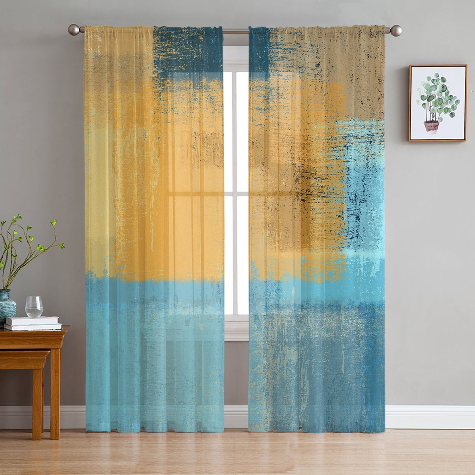 Red Black Abstract Oil Painting Texture Tulle Sheer Curtains for Living ...