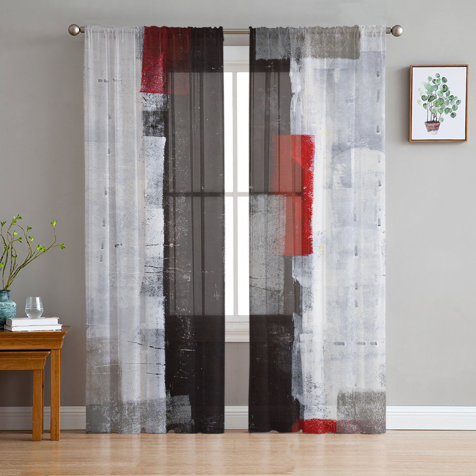 Red Black Abstract Oil Painting Texture Tulle Sheer Curtains for Living ...