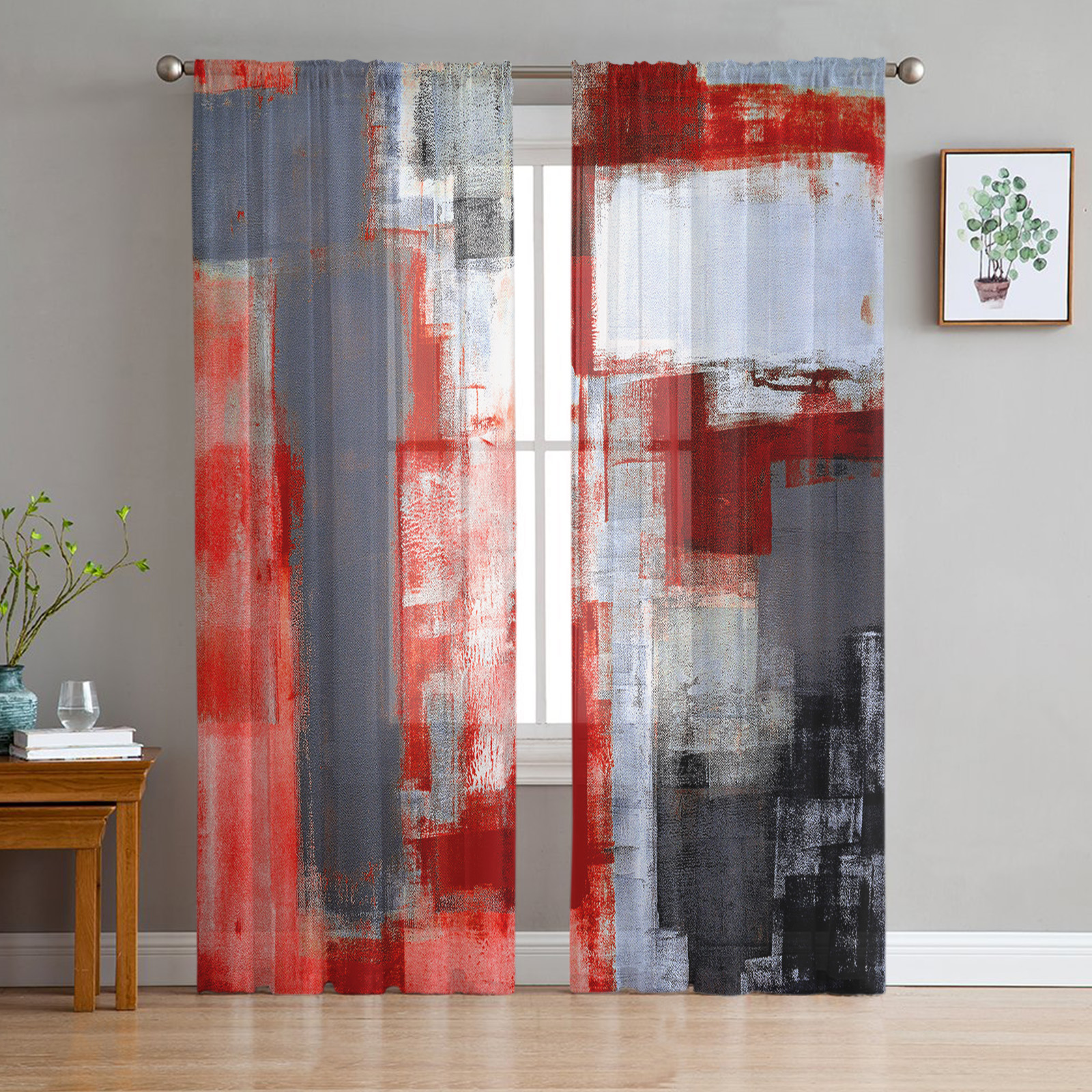 Red Black Abstract Oil Painting Texture Tulle Sheer Curtains for Living ...