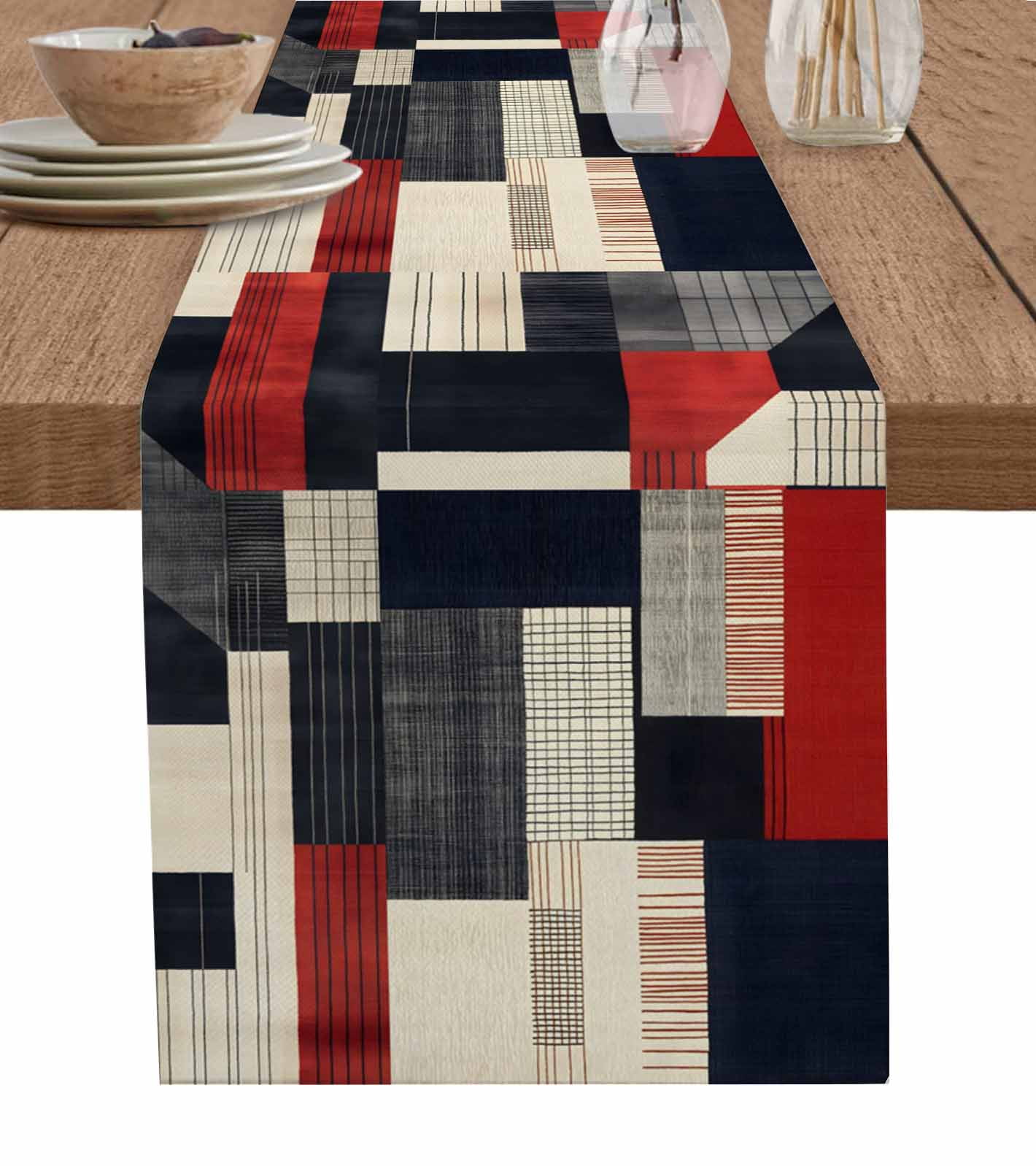 Red Black Beige Table Runner 120 Inches, Retro Abstract Geometric ...