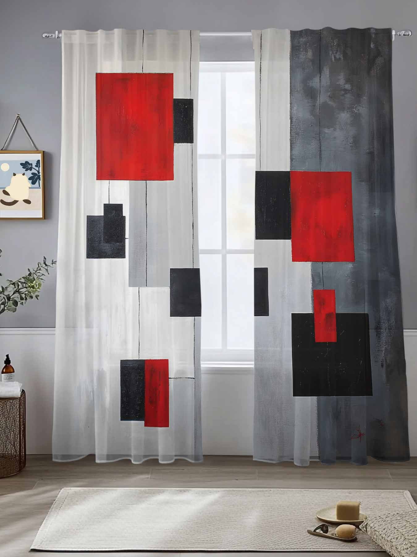 Red Black Block Sheer Curtains 108 Inches Long 2 Panels Geometric ...
