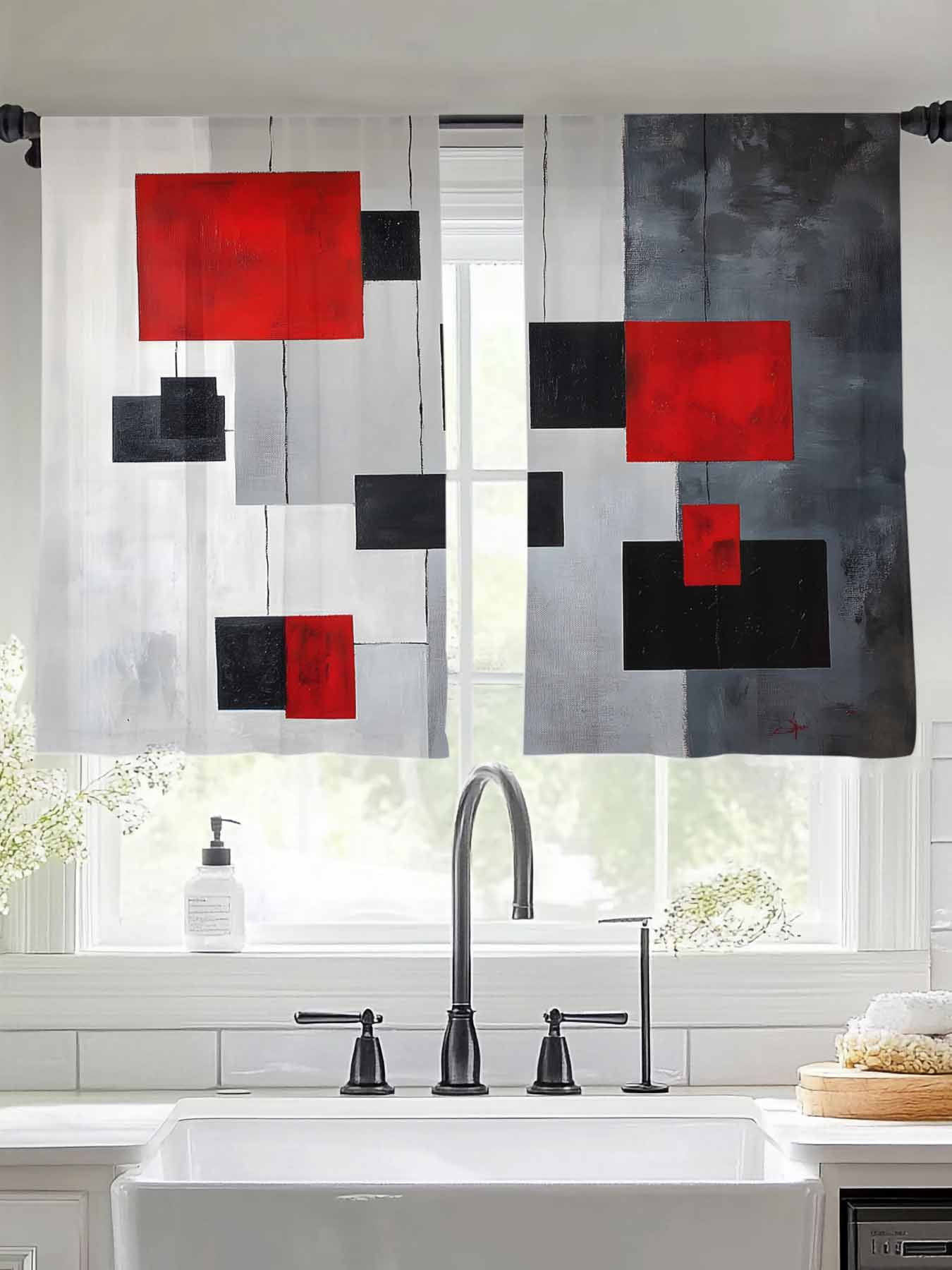 Red Black Block Sheer Curtains 45 Inches Long 2 Panels Geometric ...