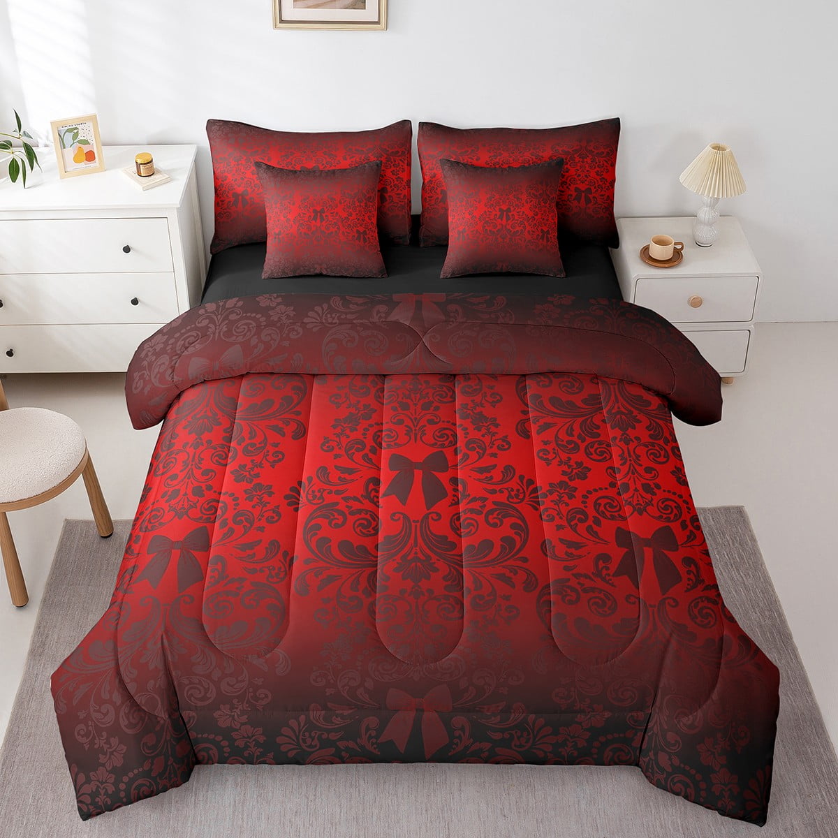 Red Black Bow Knot Bed in a Bag King Size Comforter Set 7 Pieces ...