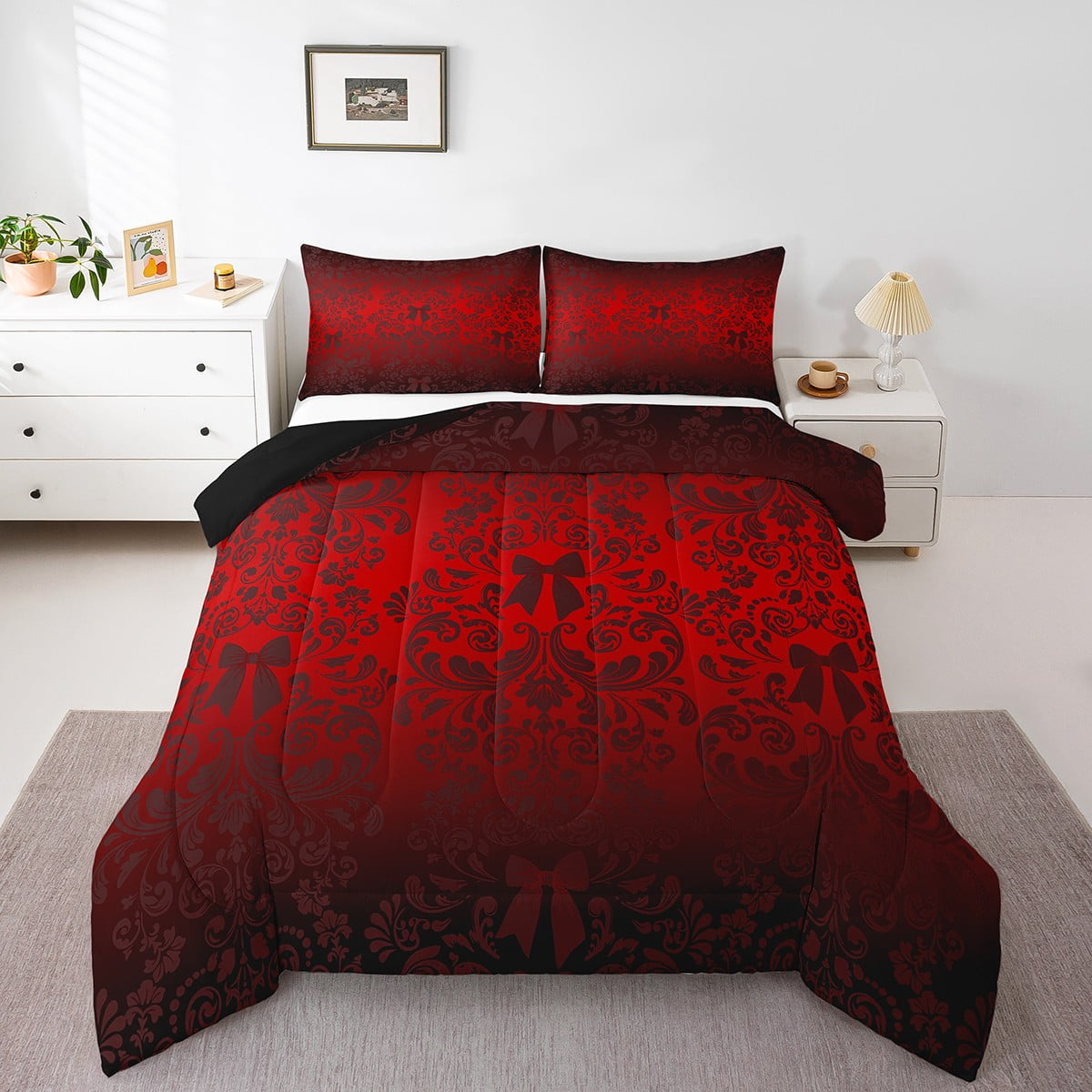 Red Black Bow Knot Comforter Set Antique Victorian Damask Bedding Sets ...