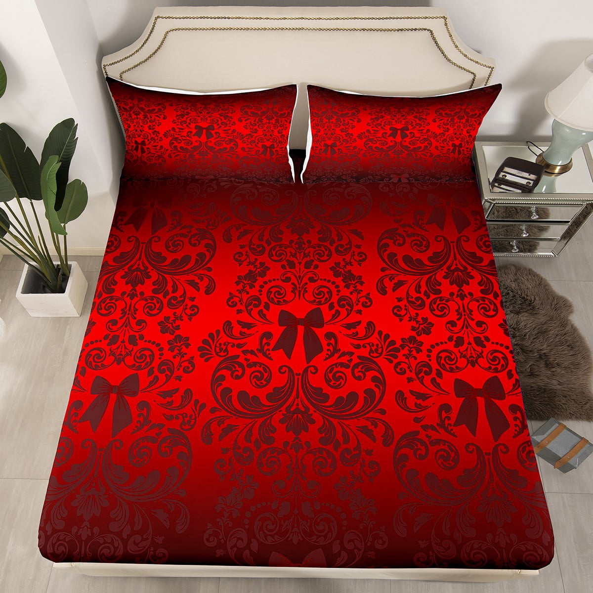 Red Black Bow Knot Fitted Sheet Antique Victorian Damask Bed Sheets ...