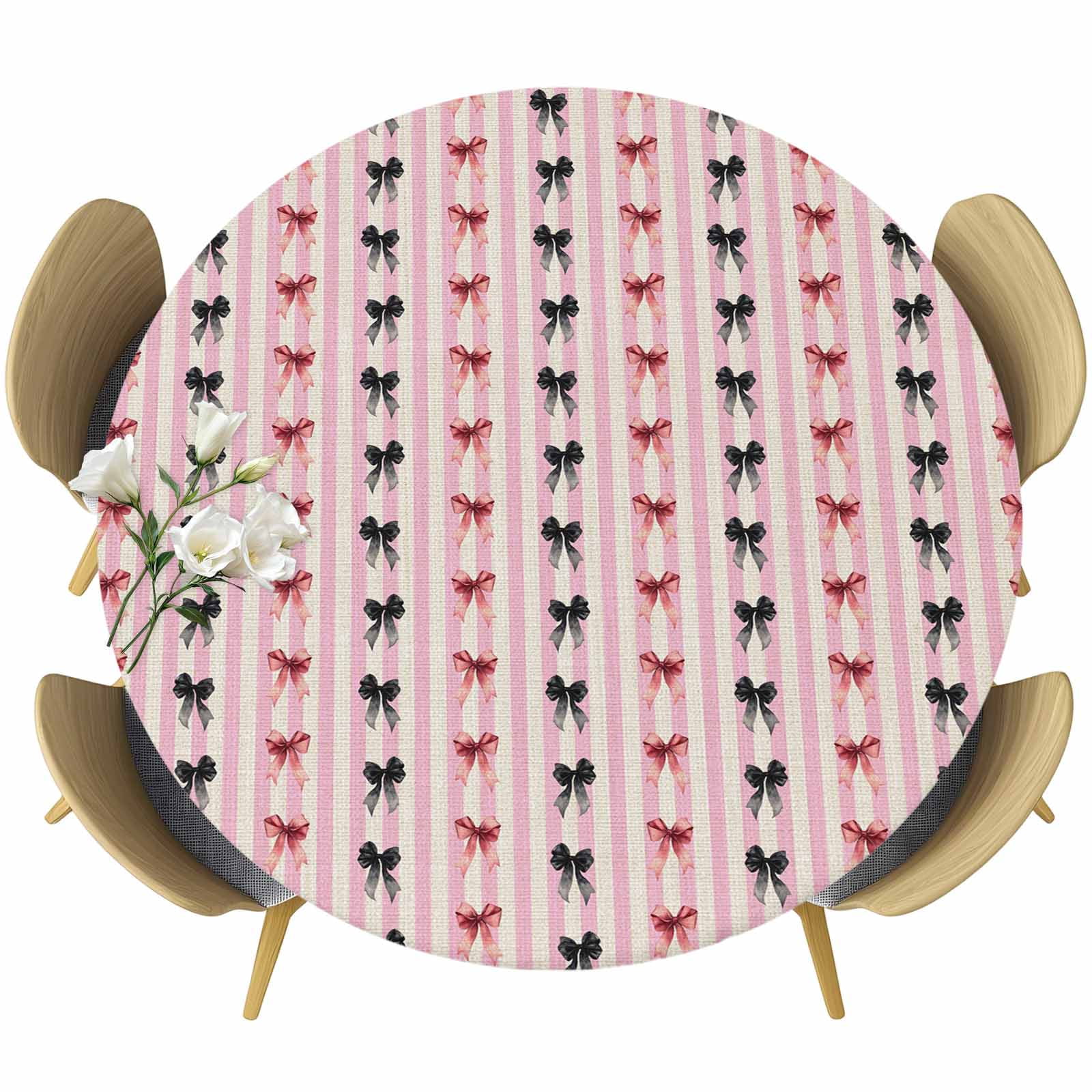 Red Black Bow Round Tablecloth 36-44 Inch Round Fitted Table Cloth with ...