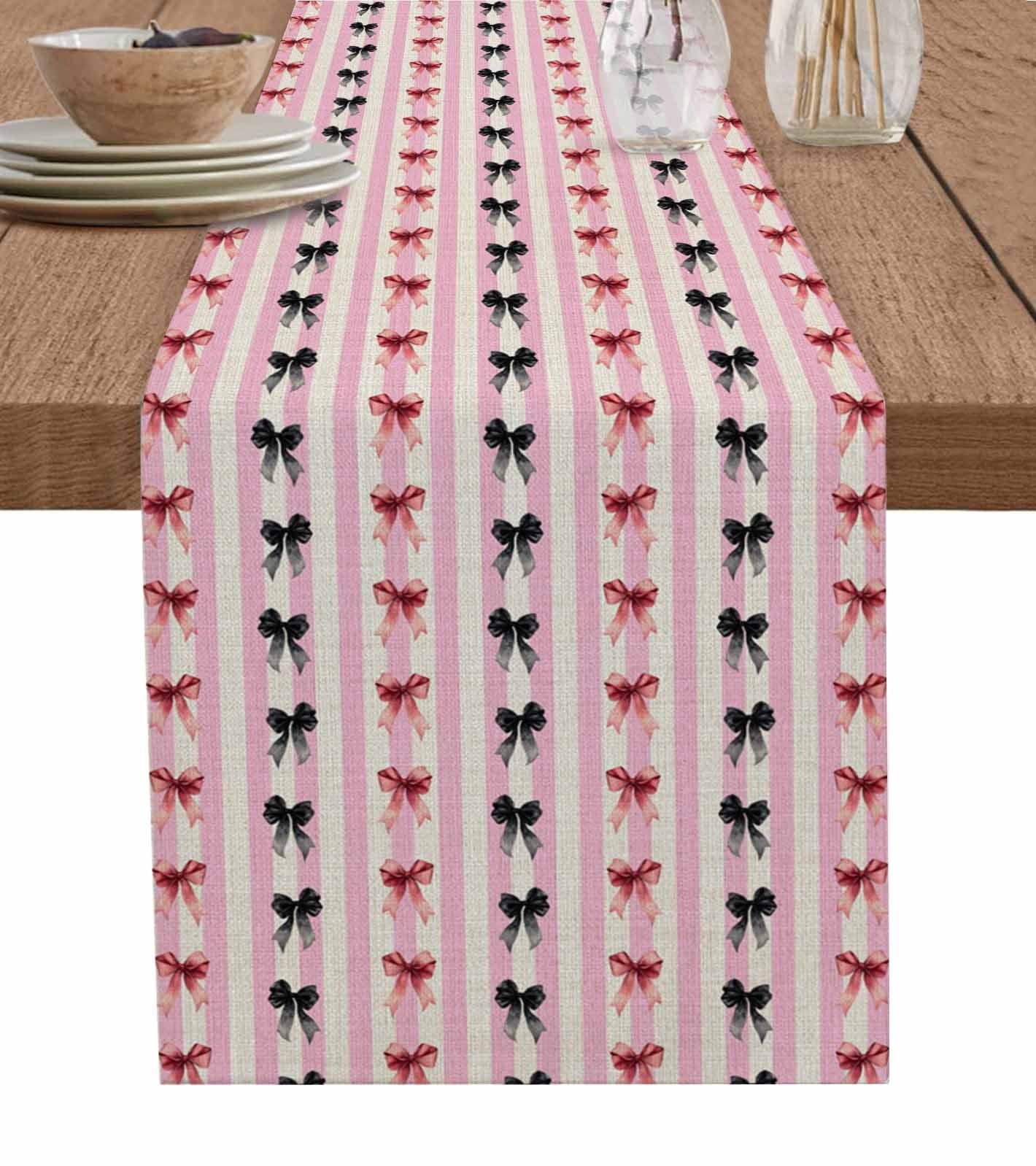 Red Black Bow Table Runner 72 Inches, Pink Vertical Striped Sweet Retro ...