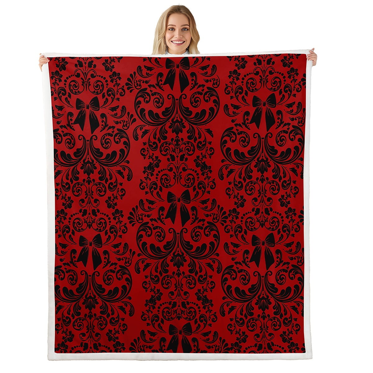 Red Black Bowknot Blanket Antique Victorian Damask Fleece Blanket ...