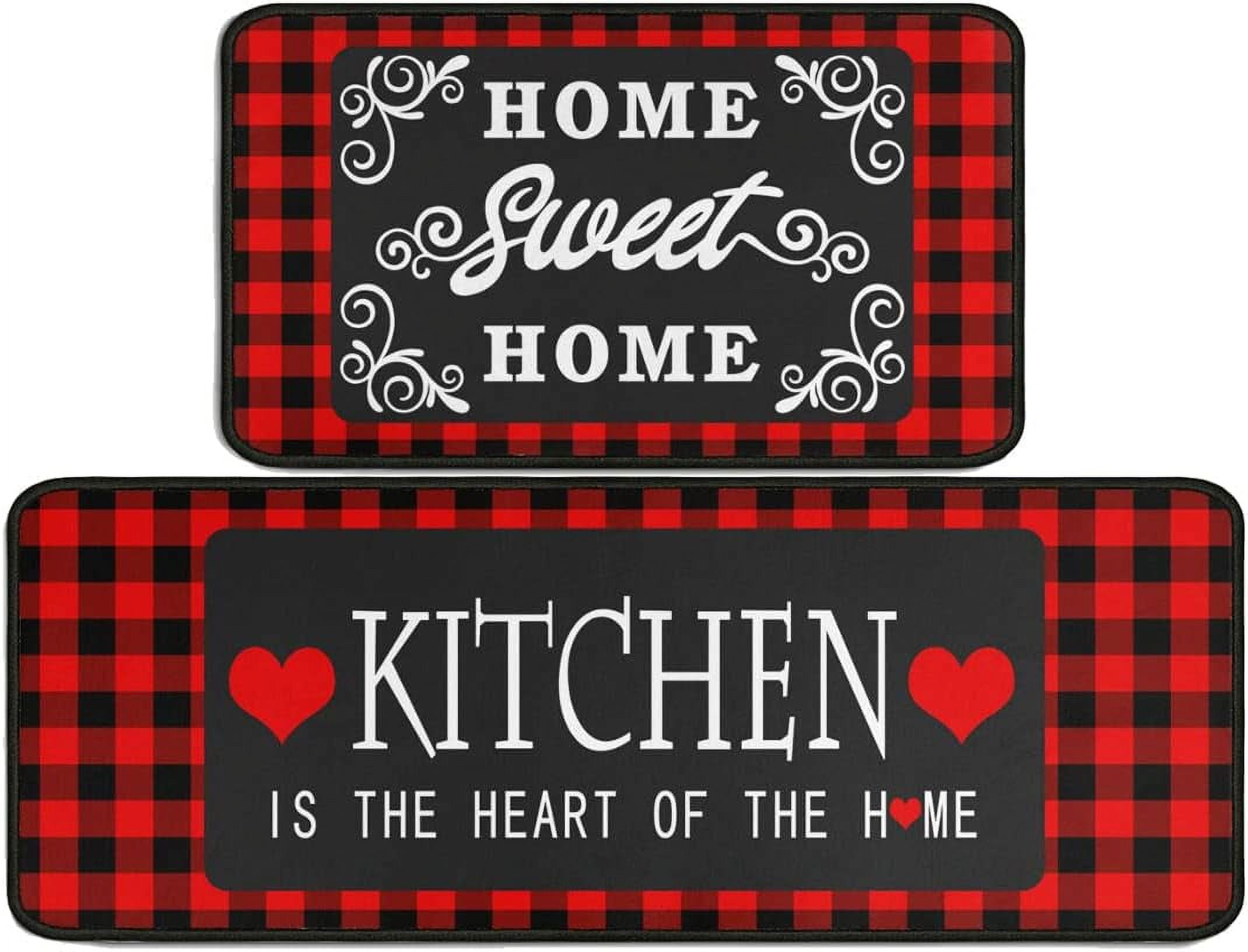 Red and Black Buffalo Plaid Kitchen Mat Set of 2, Non Slip Washable ...