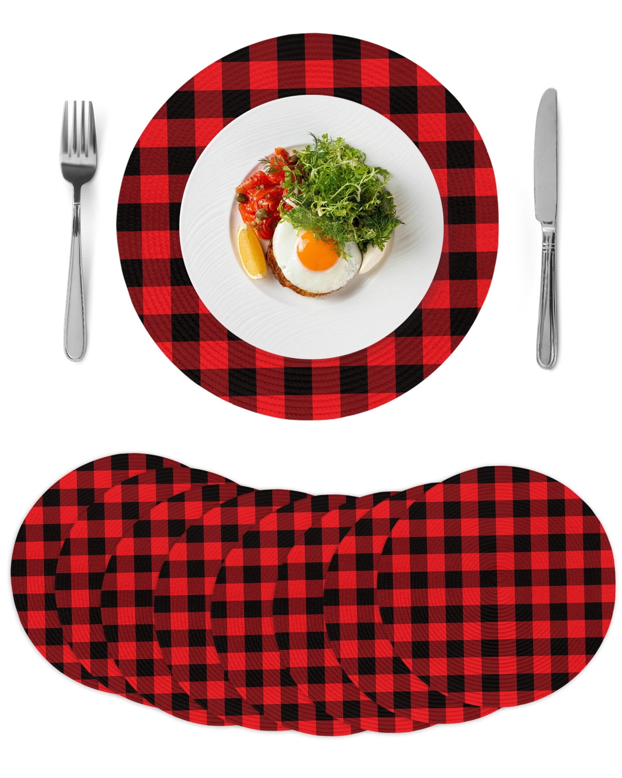 Red Black Buffalo Plaid Round 15 Inch Placemats Set of 8, Black Red ...