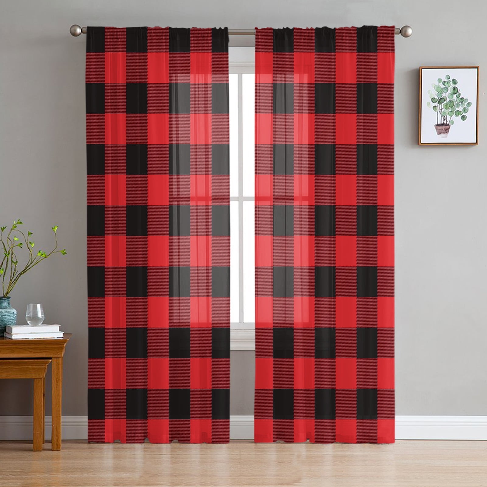 Red Black Buffalo Plaid Sheer Curtains 96 Inches Long 2 Panels Set ...