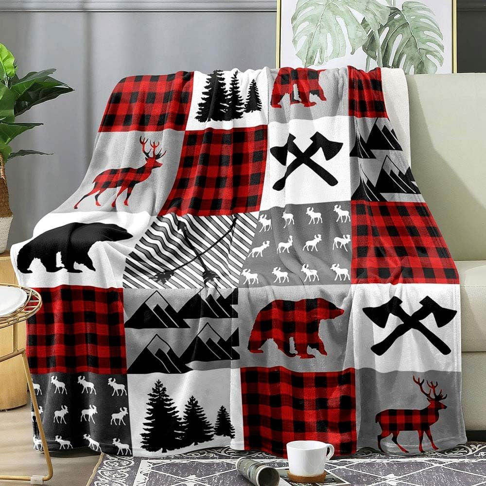 Red and Black Buffalo Plaid Throw Blanket, Patchwork Bear Deer Elk ...