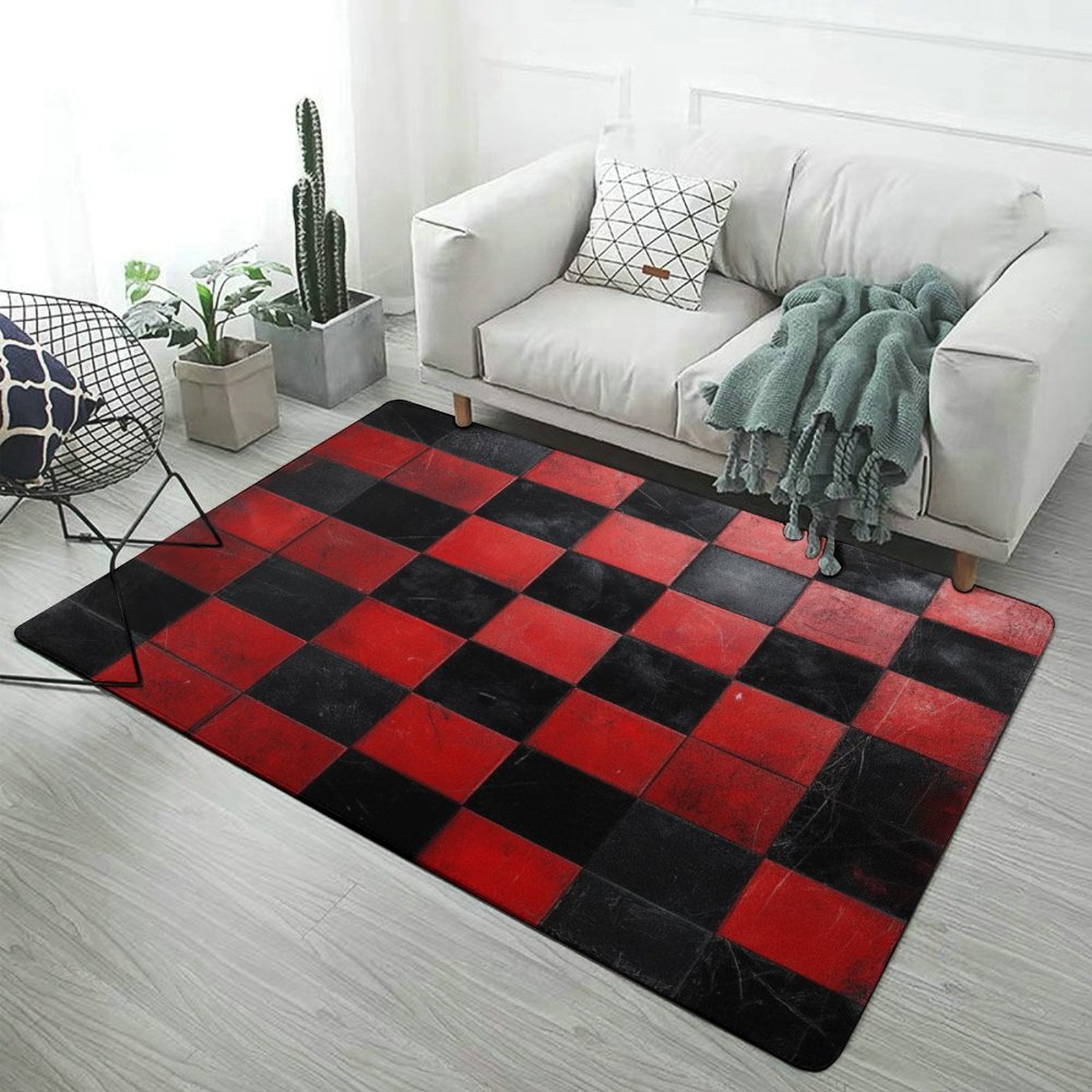 Red Black Checkerboard Pattern Carpet Style Living Room Bedroom Soft ...