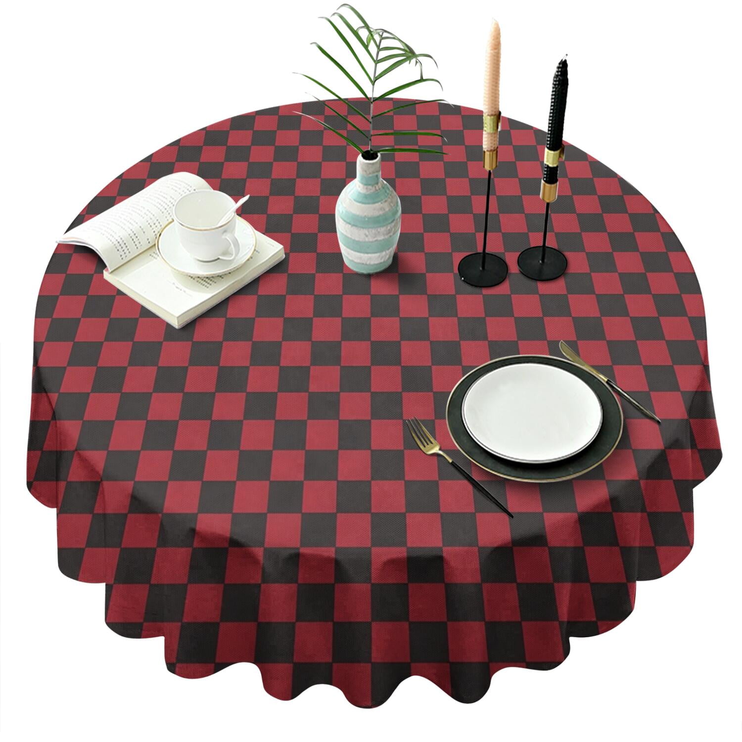 Red Black Checkered Pattern Round Tablecloth 60"x60",Wrinkle Wipeable ...