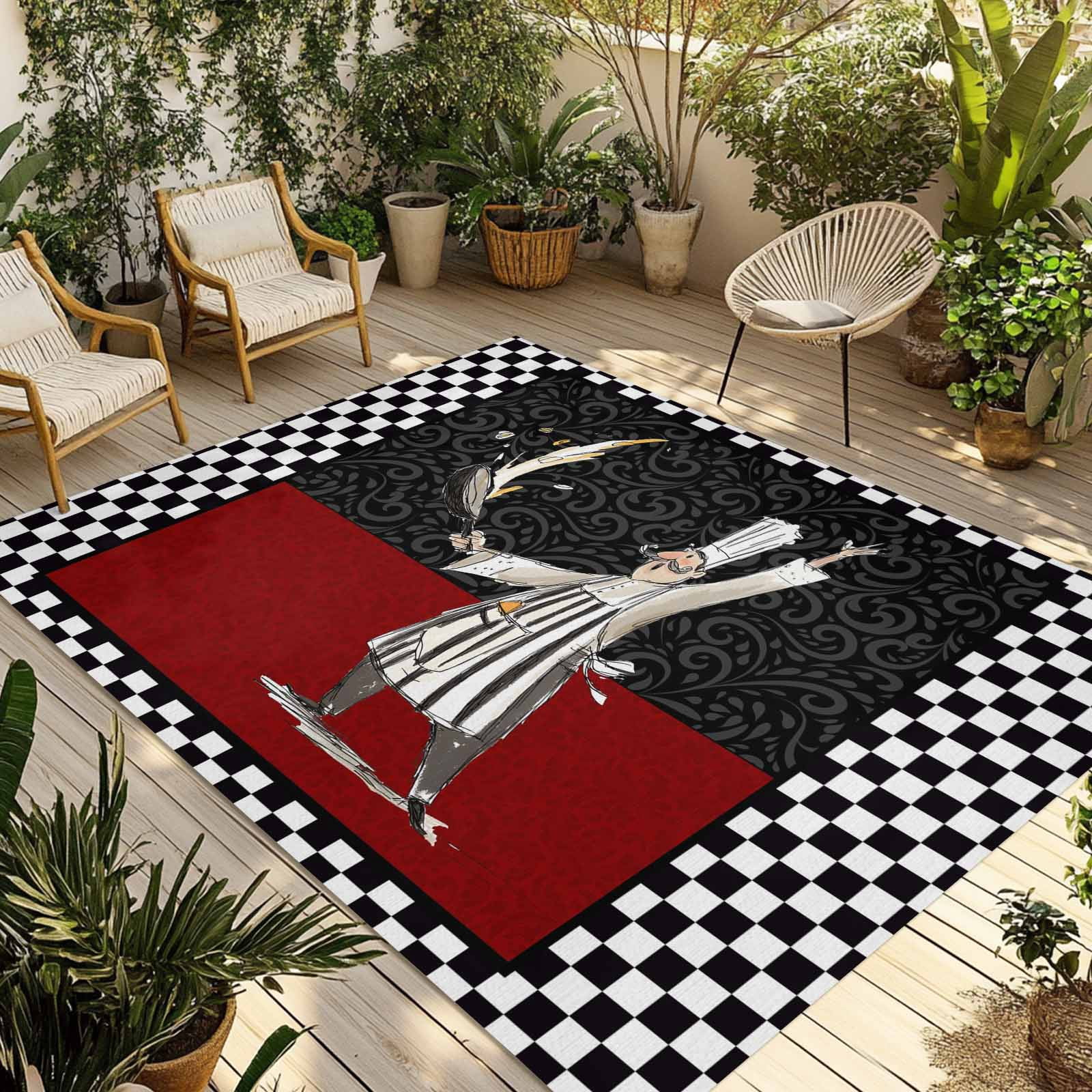 Red Black Chef Outdoor Rug for Patio/Deck/Porch, Non-Slip Large Area ...