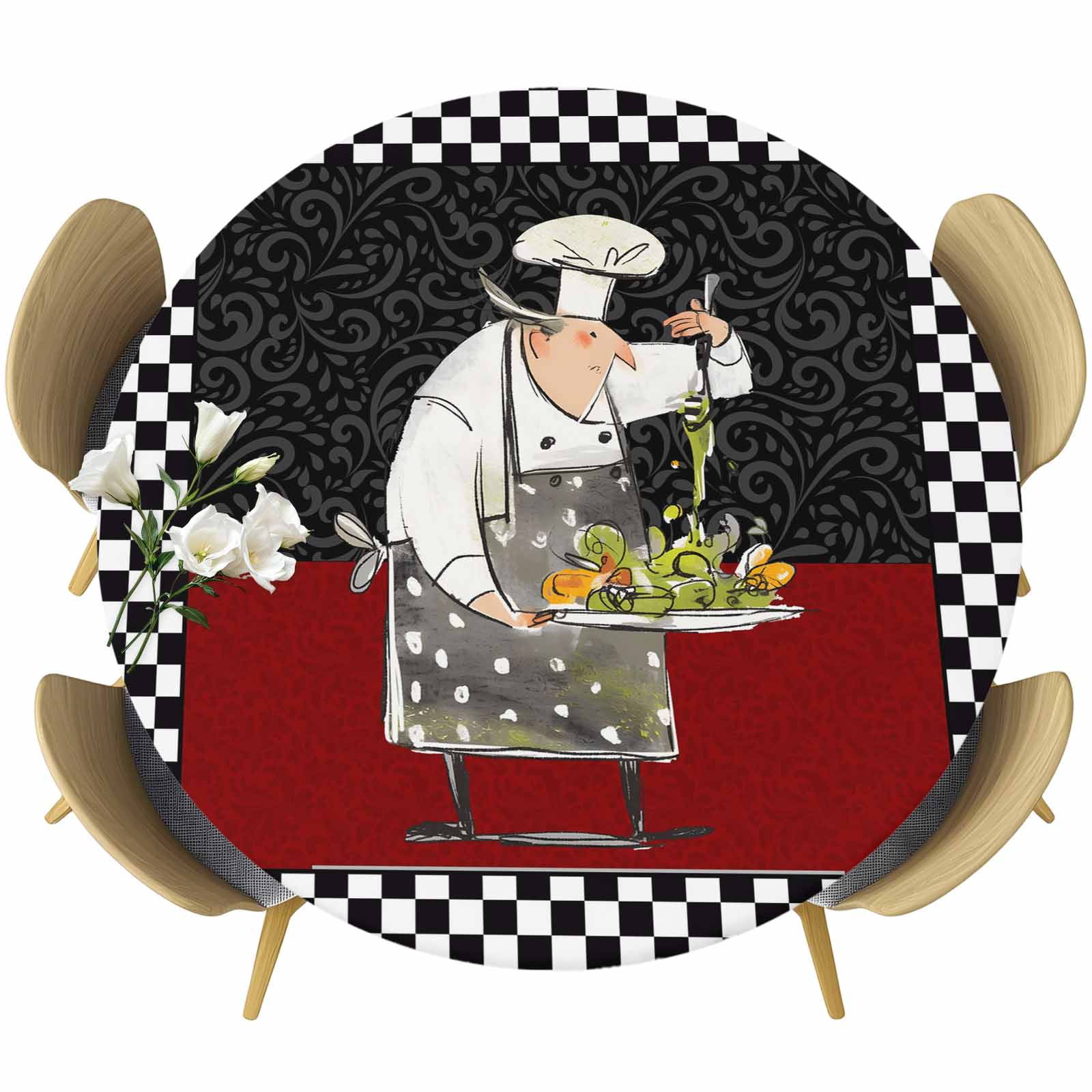 Red Black Chef Round Tablecloth, Fitted Table Cover with Elastic for 36 ...
