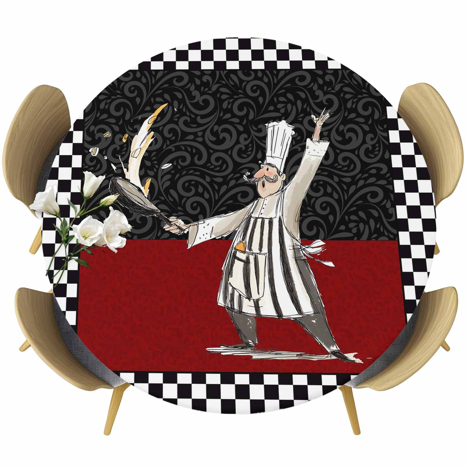 Red Black Chef Round Tablecloth, Fitted Table Cover with Elastic for 55 ...