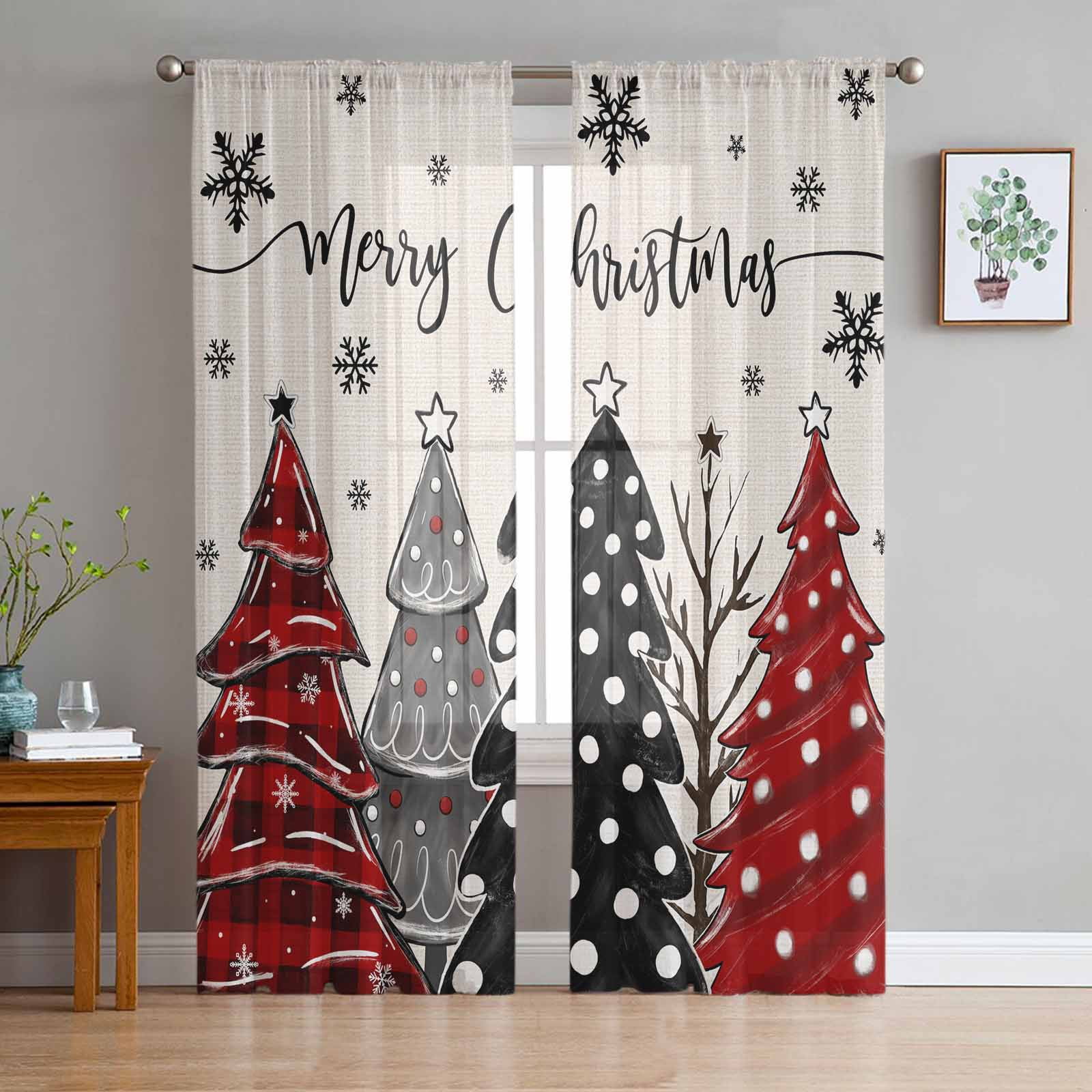 Red Black Christmas Tree Sheer Curtains 96 Inches Long 2 Panels Set ...