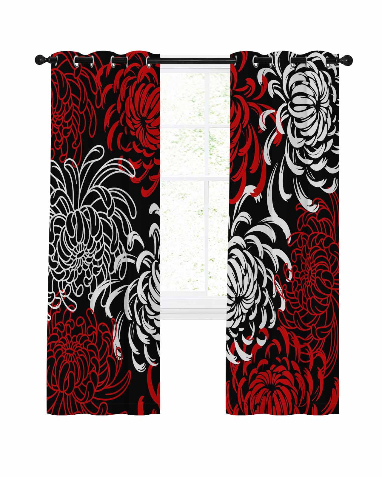 Red Black Chrysanthemum Blackout Curtains 84 Inches Length, Farmhouse ...