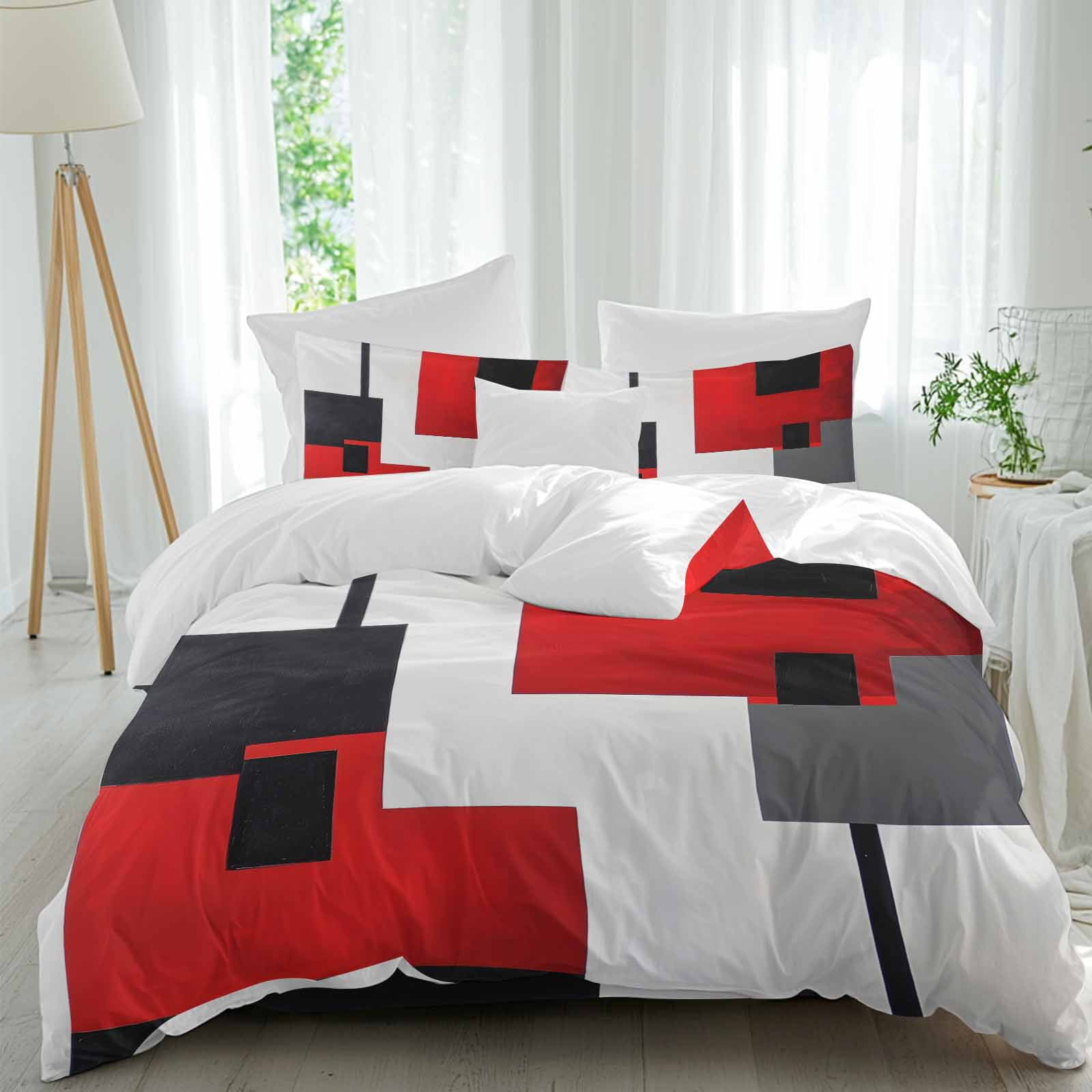 Red Black Color Block 4 Piece Duvet Cover Set Queen Size Square Modern ...