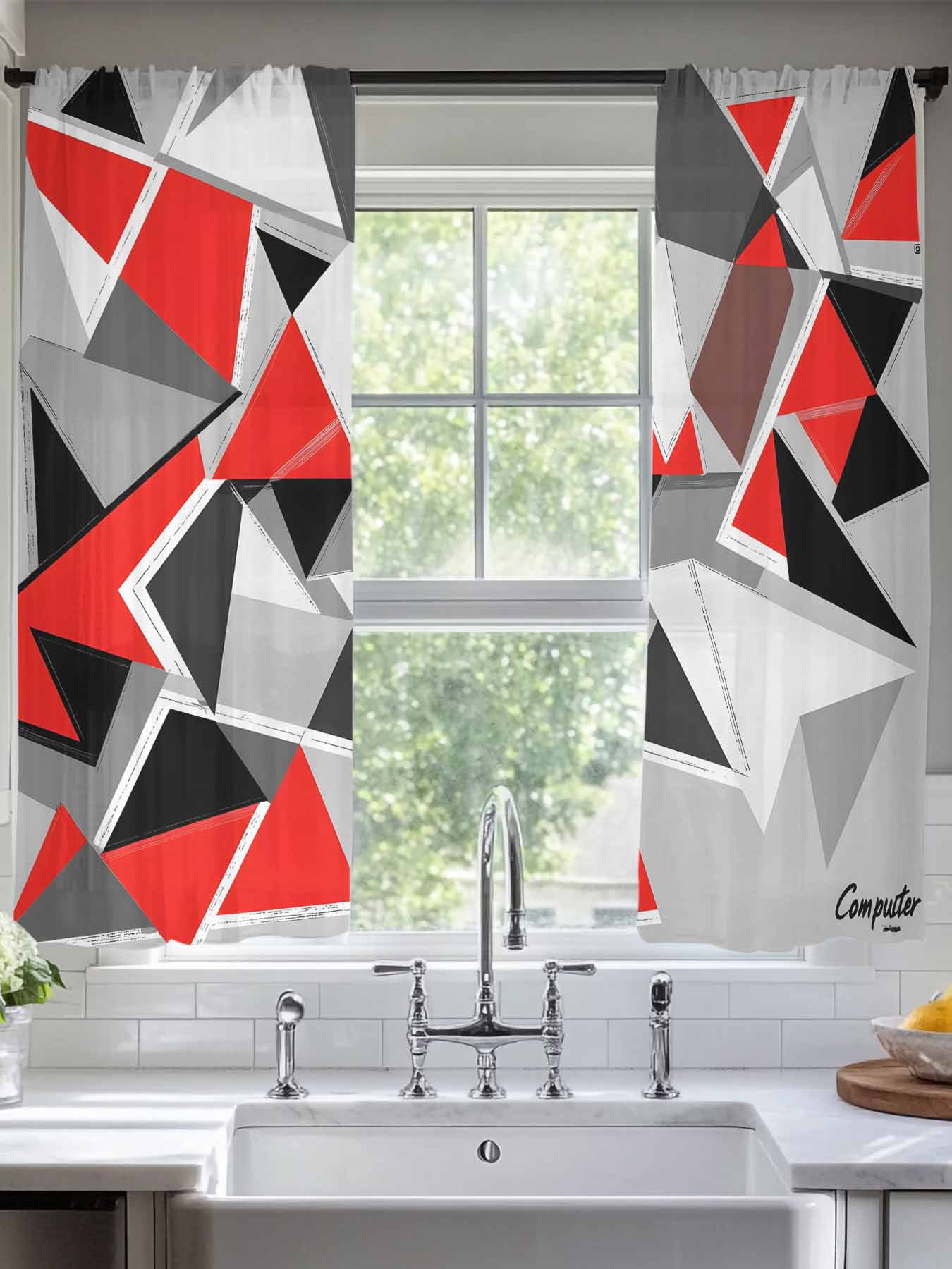 Red Black Color Block Sheer Curtains 63 Inches Long 2 Panels Abstract ...