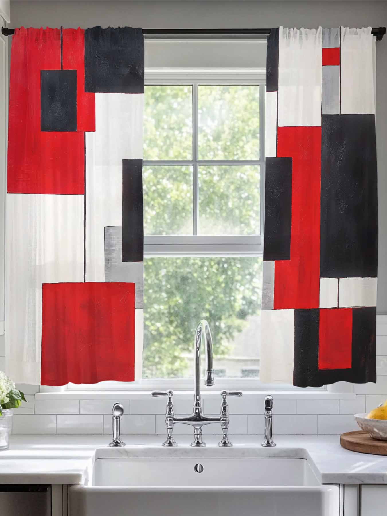 Red Black Color Block Sheer Curtains 63 Inches Long 2 Panels Modern ...