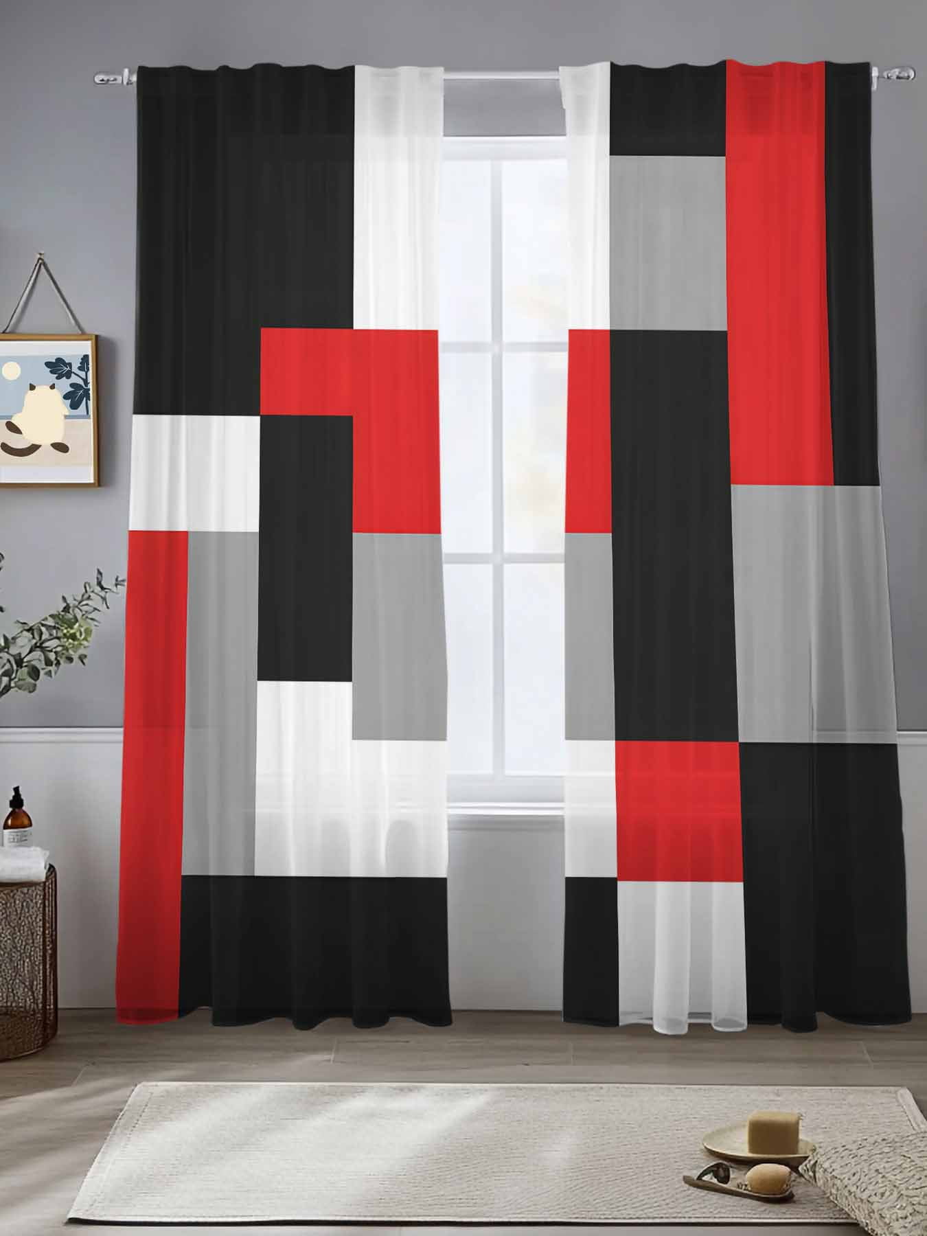 Red Black Color Block Sheer Curtains 84 Inches Long 2 Panels Geometric ...