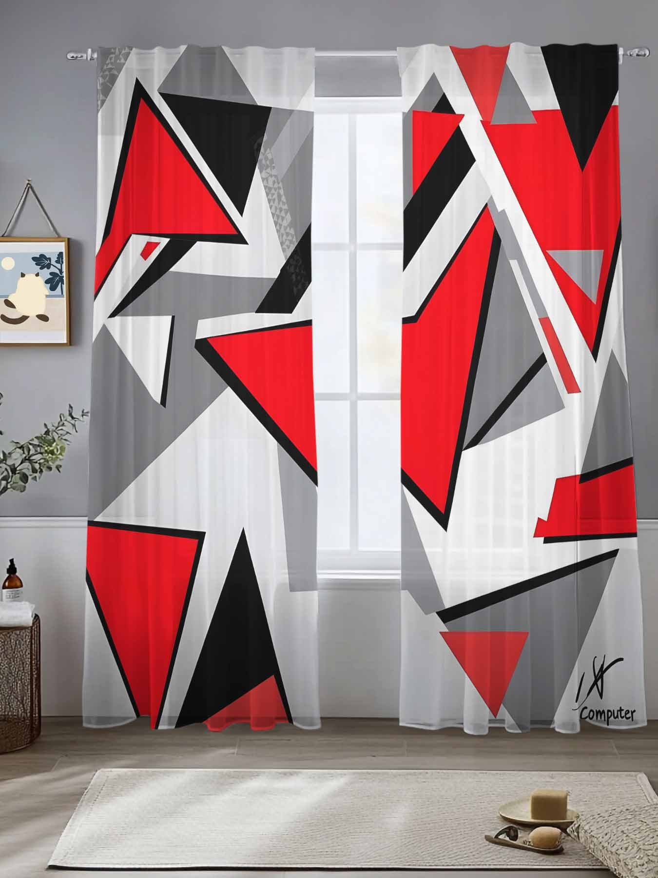 Red Black Color Block Sheer Curtains 96 Inches Long 2 Panels Abstract ...