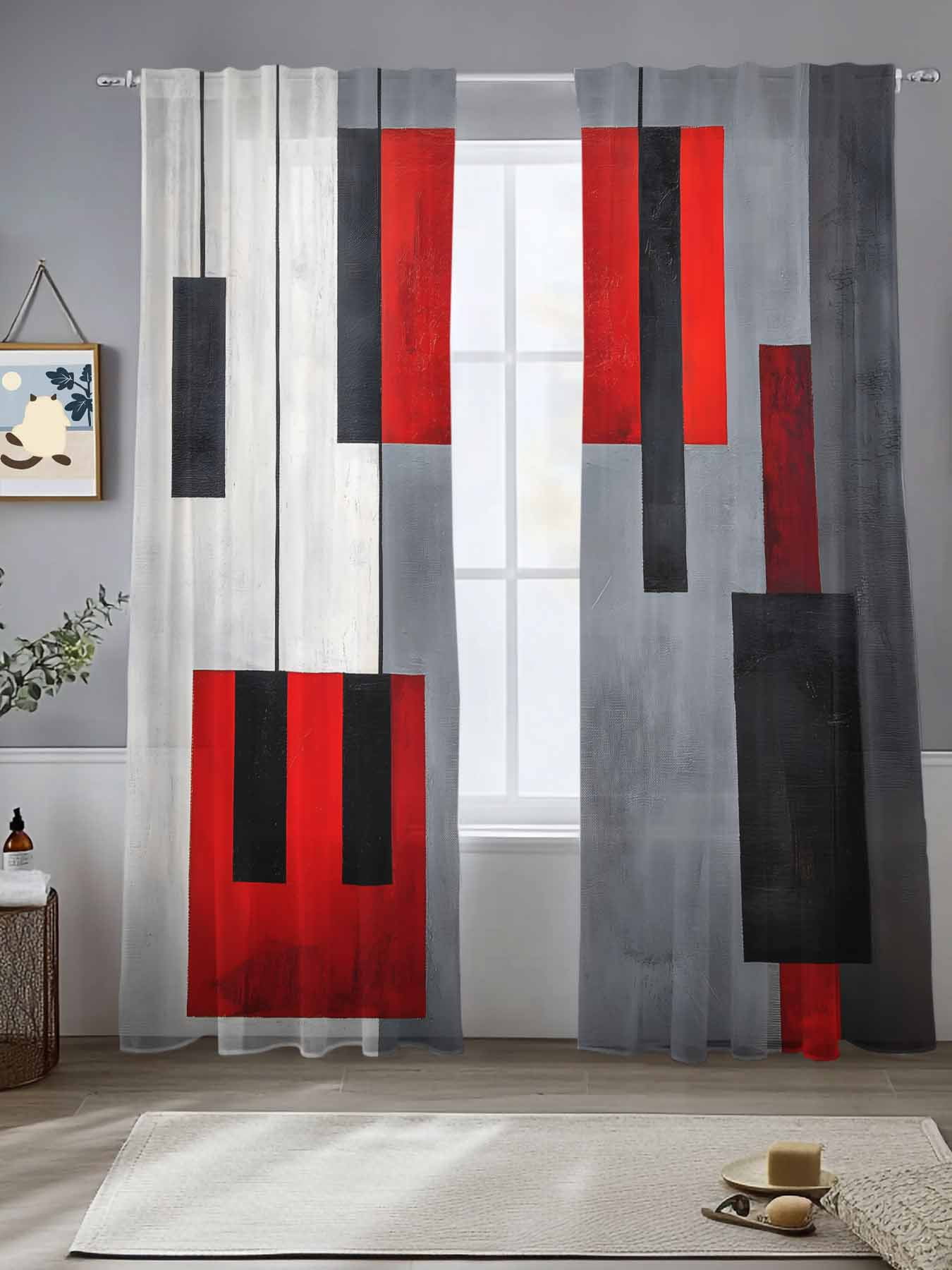 Red Black Color Block Sheer Curtains 96 Inches Long 2 Panels Retro ...