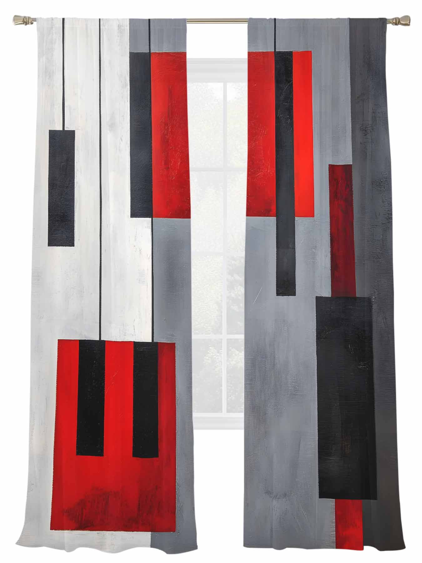 Red Black Color Block Sheer Curtains for Living Room Bedroom, Light ...