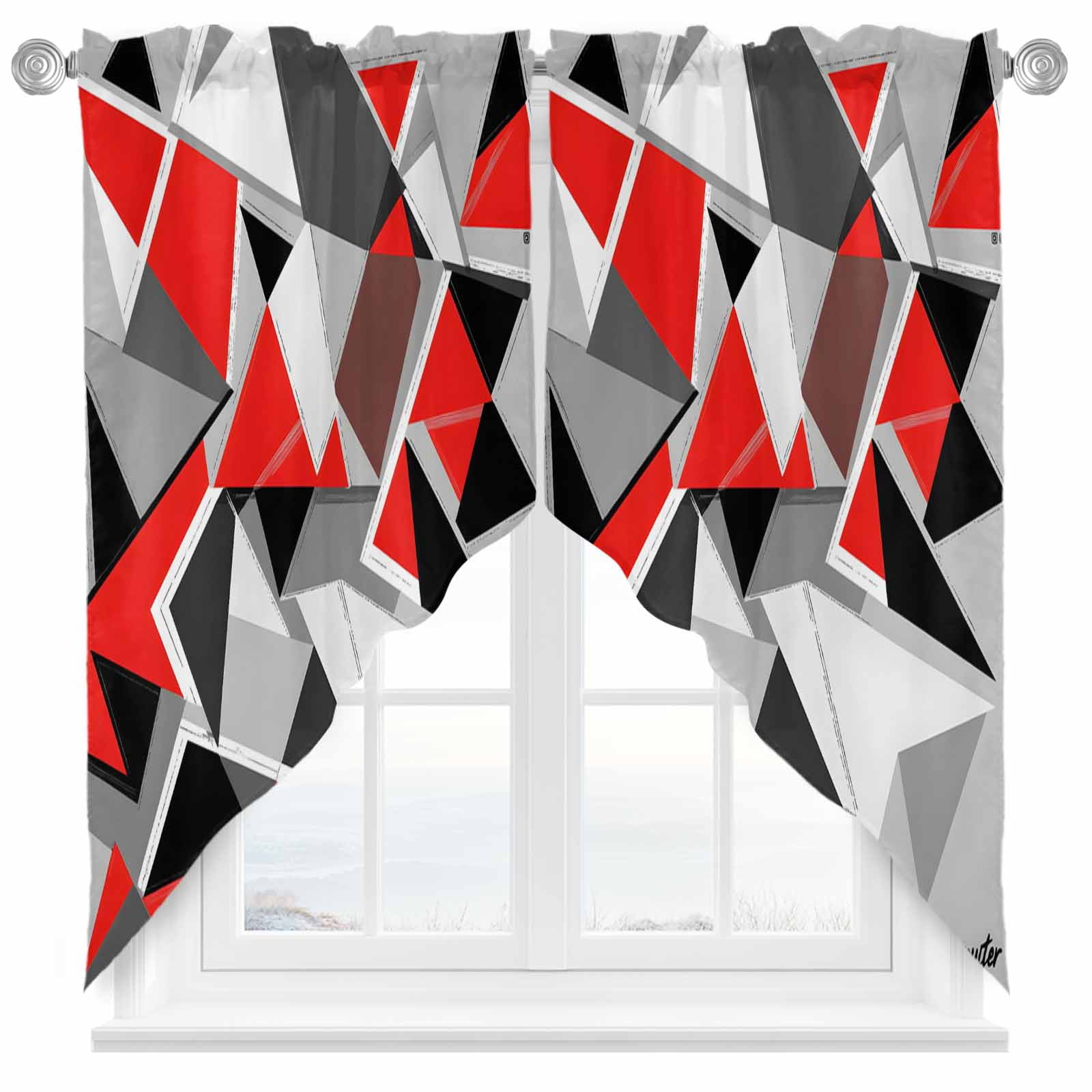 Red Black Color Block Swag Curtain Valance for Windows, Abstract ...