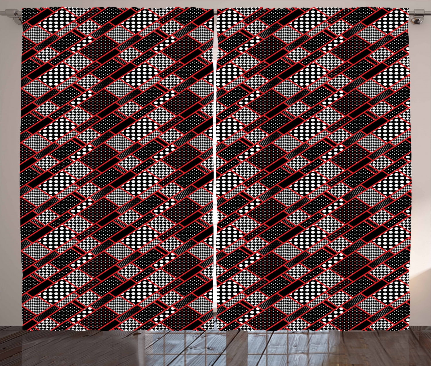 Red and Black Curtains 2 Panels Set, Geometric Rectangle Frames Retro ...
