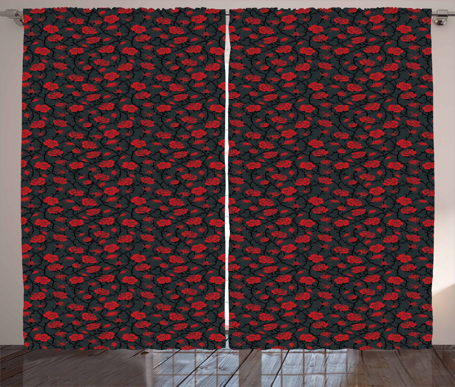 Red and Black Curtains 2 Panels Set, Romantic Vintage Roses ...