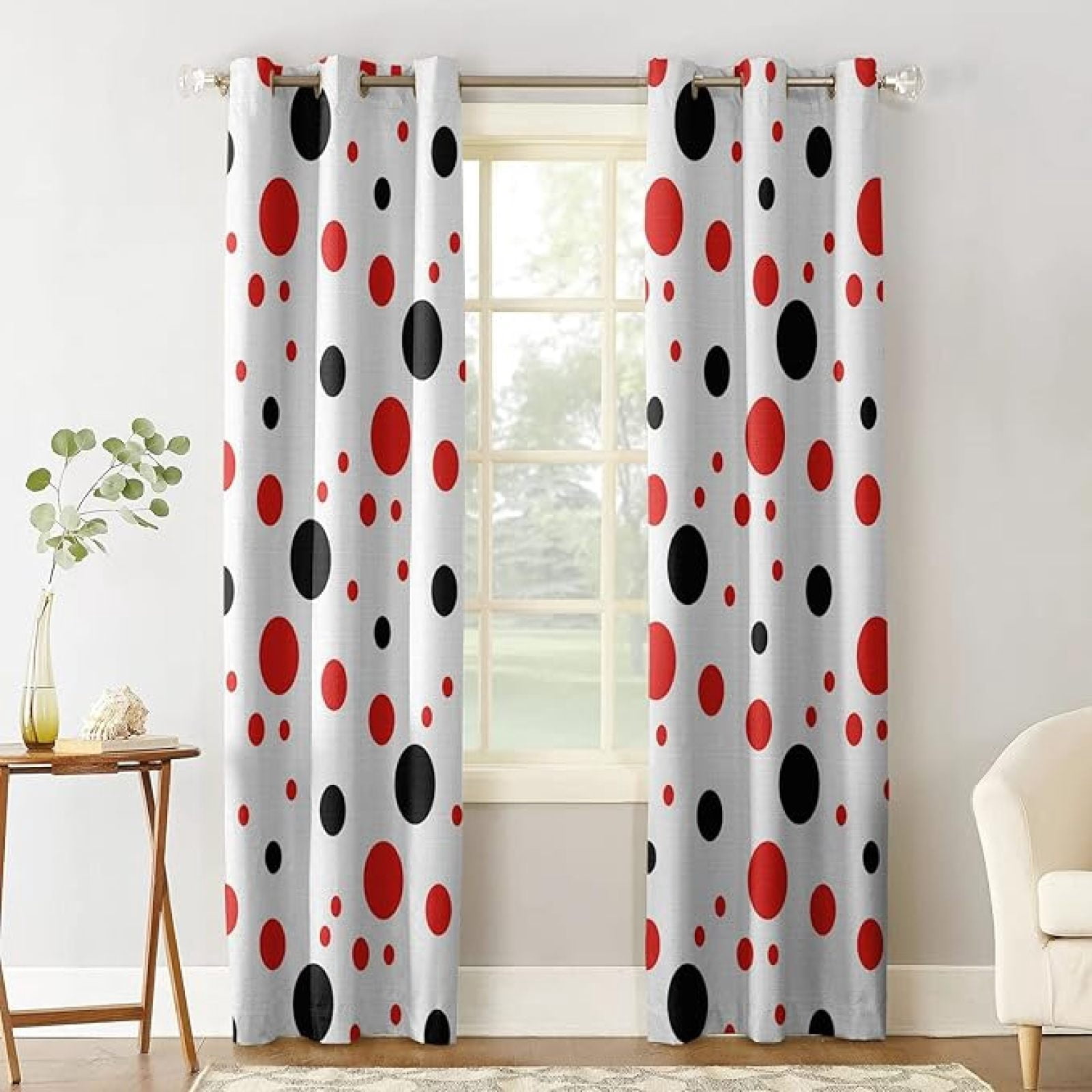 Red Black Dots Blackout Curtains, White Background Print Window ...