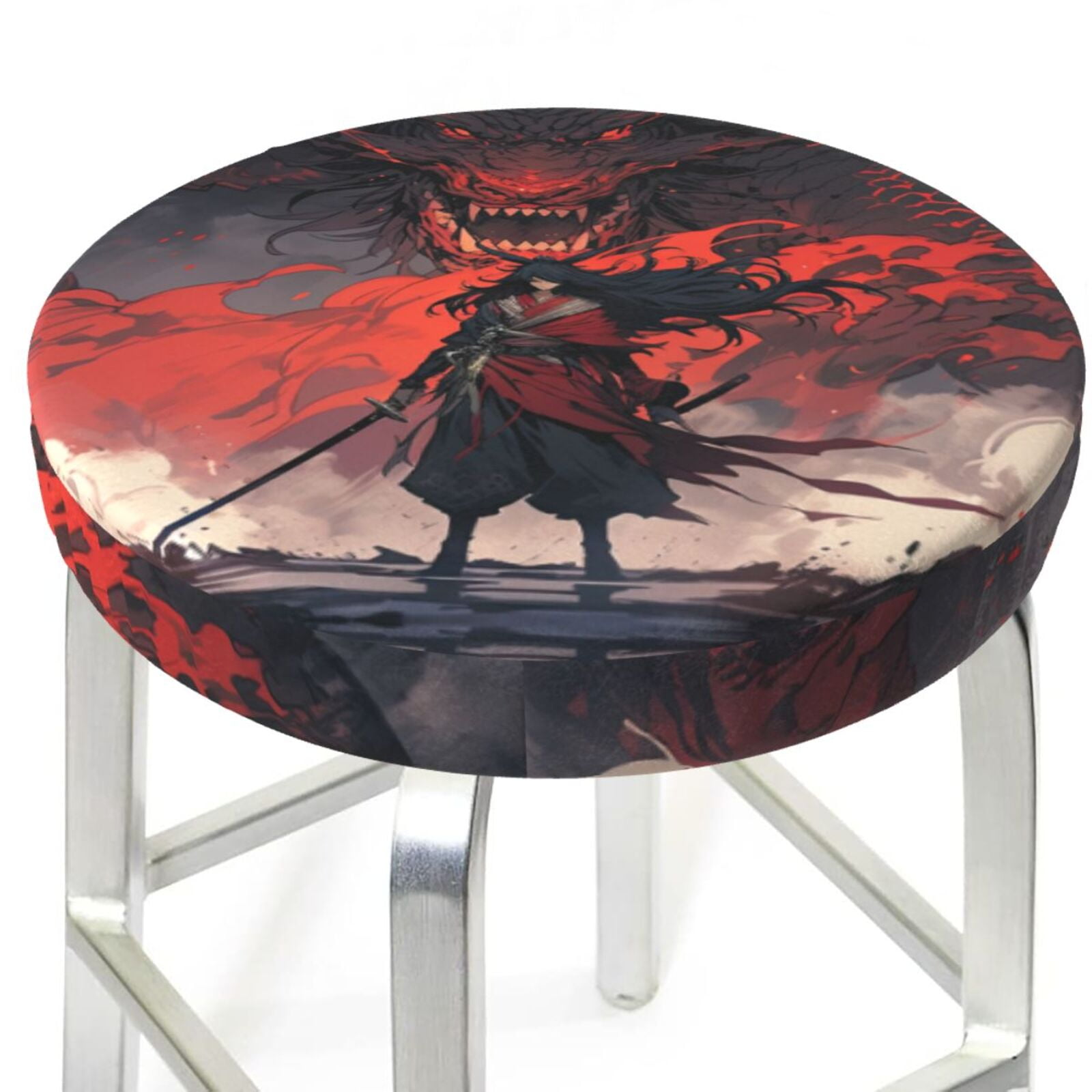 Red Black Dragon Eastern Swordsman Bar Stool Covers - Stretch Round ...