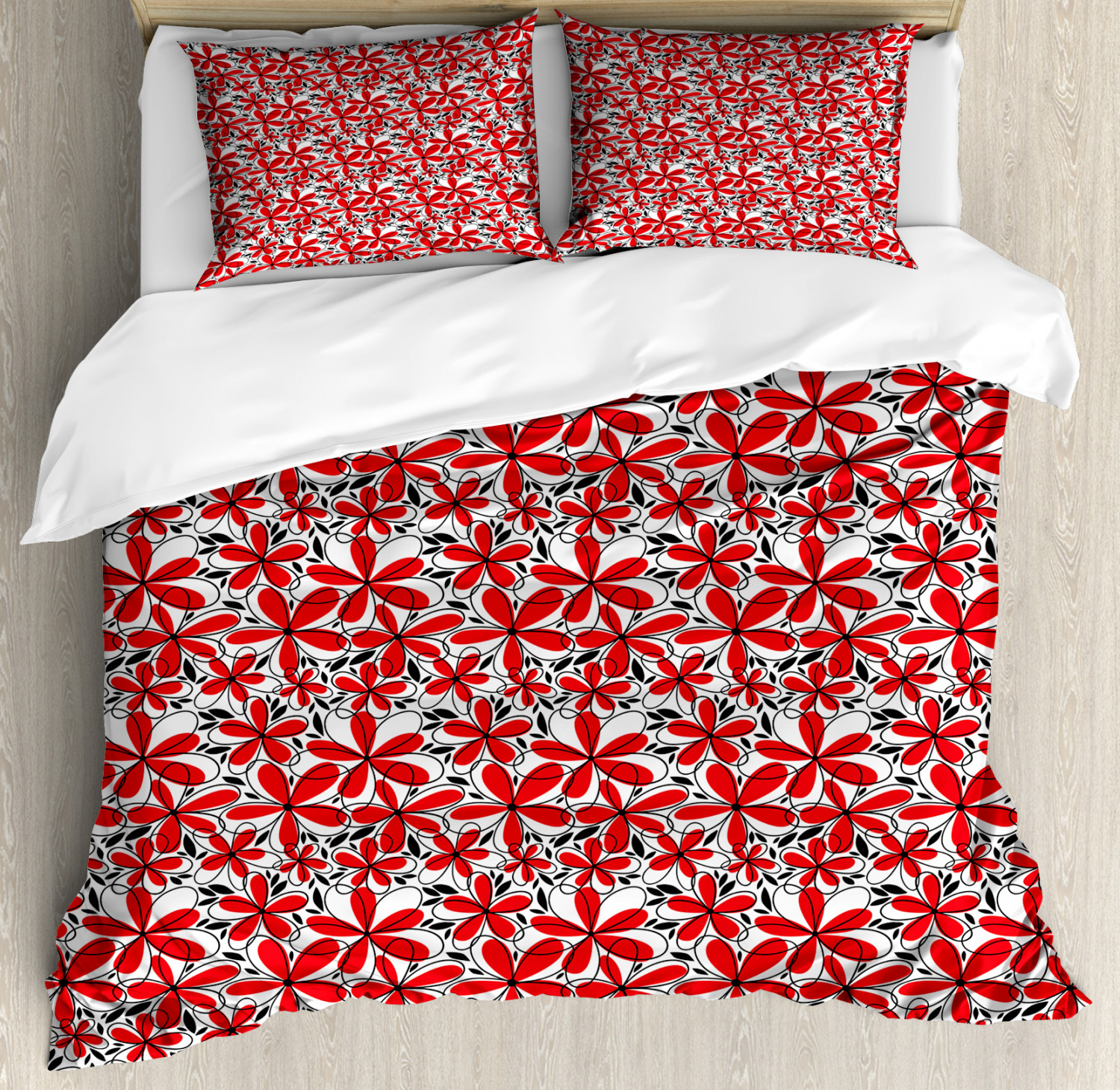 Red and Black Duvet Cover Set Queen Size, Doodle Art Style Abstract ...