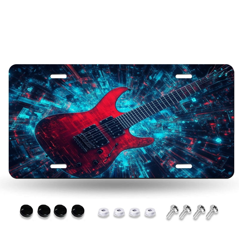 Red and Black Electric Guitar with Energy Grid Background License Plate ...