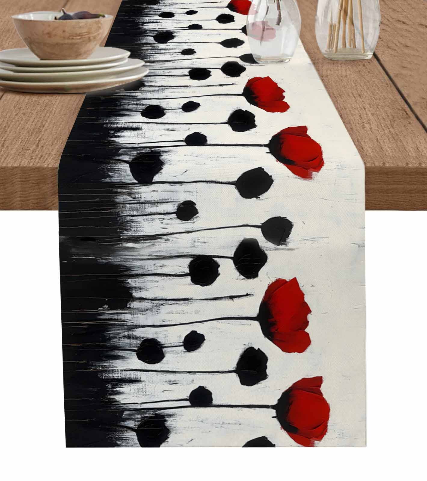 Red Black Floral Burlap Cotton Table Runner 13x120 Inches Long, Vintage ...