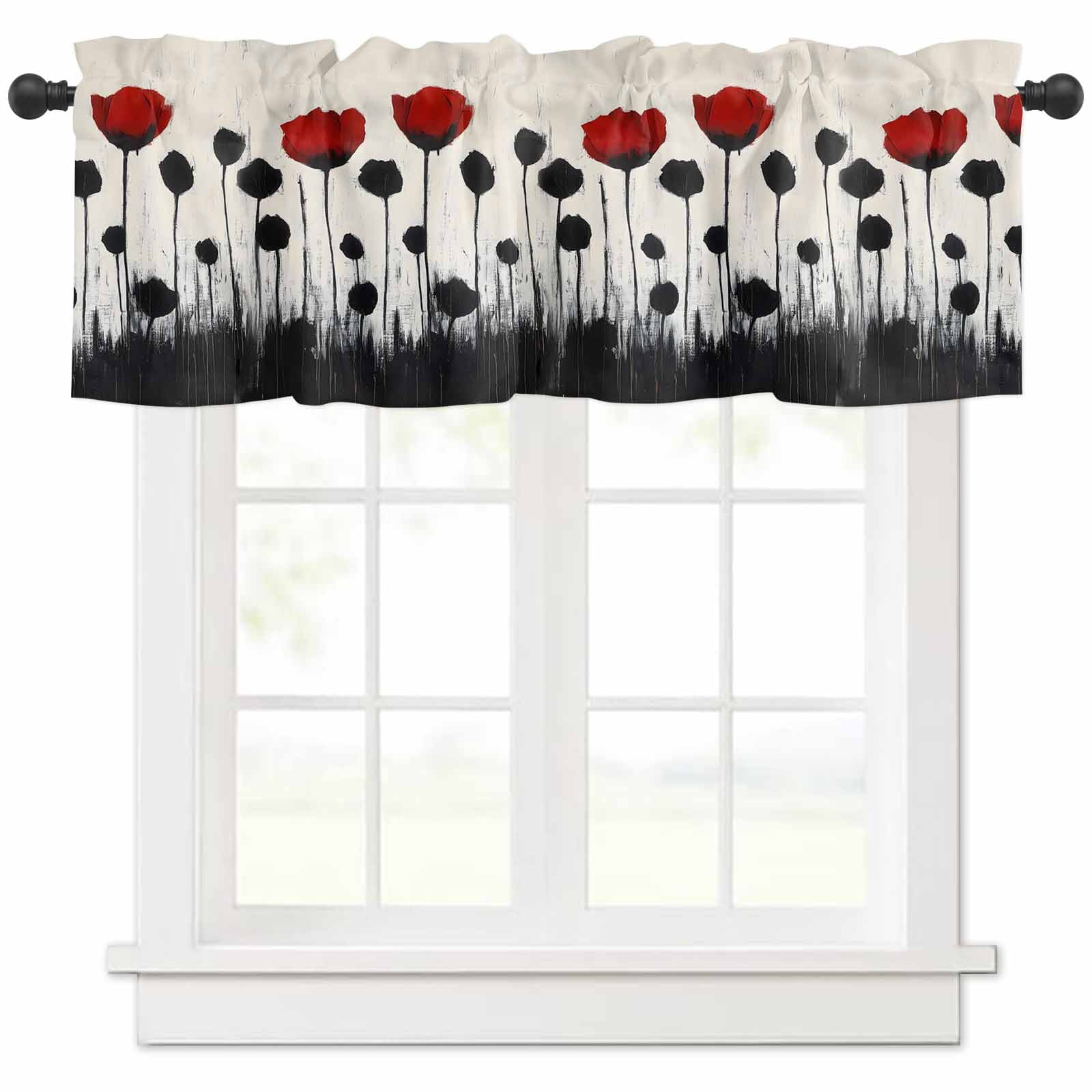 Red Black Floral Valances for Windows Farmhouse Kitchen Curtains ...