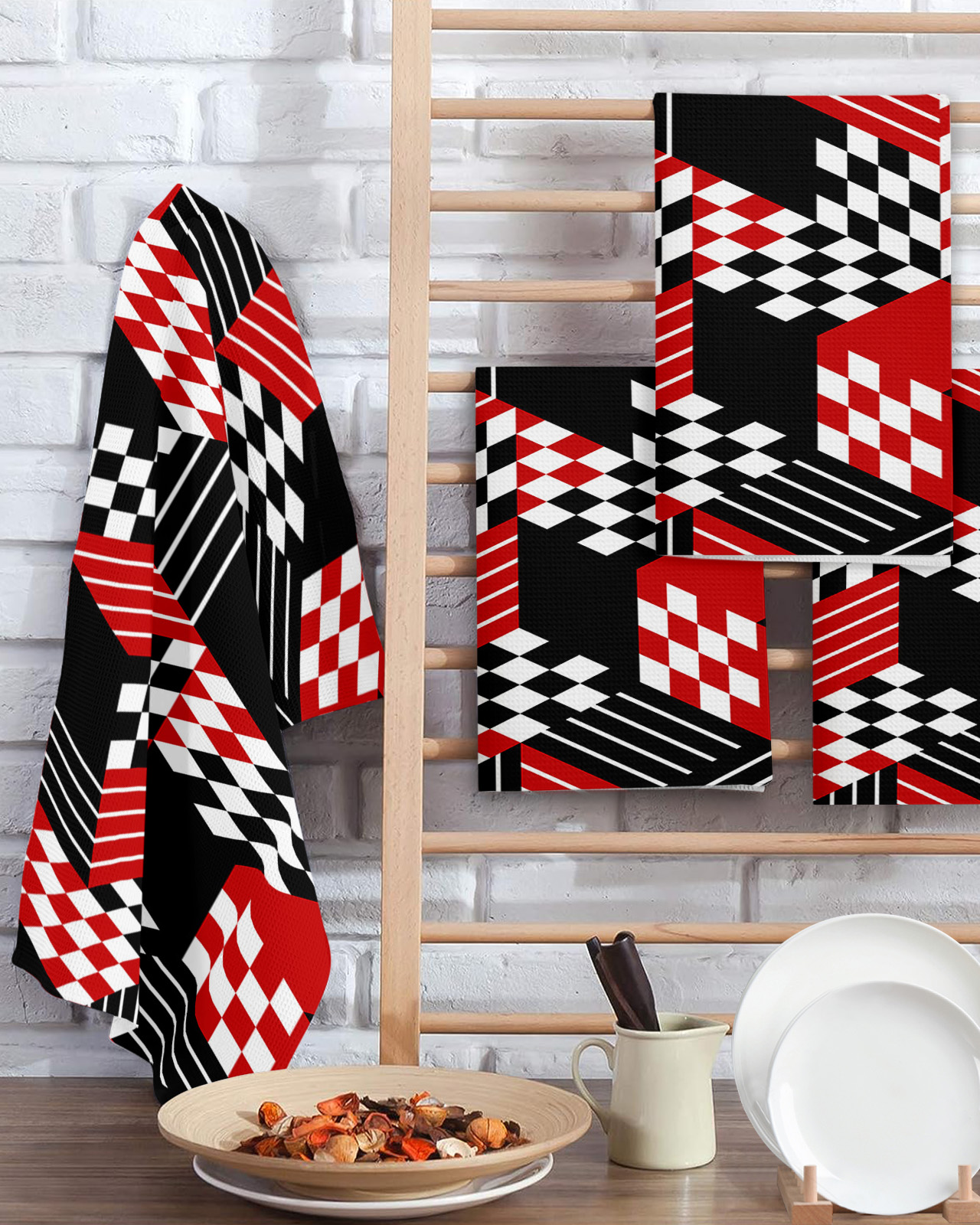 Red Black Geometric Abstrac Middle Ages Kitchen Cleaning Cloth Towel ...