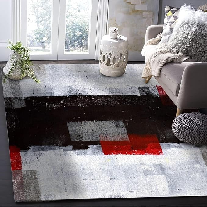 Red Black Geometric Abstract Rug, Modern European Retro Graffiti Carpet ...