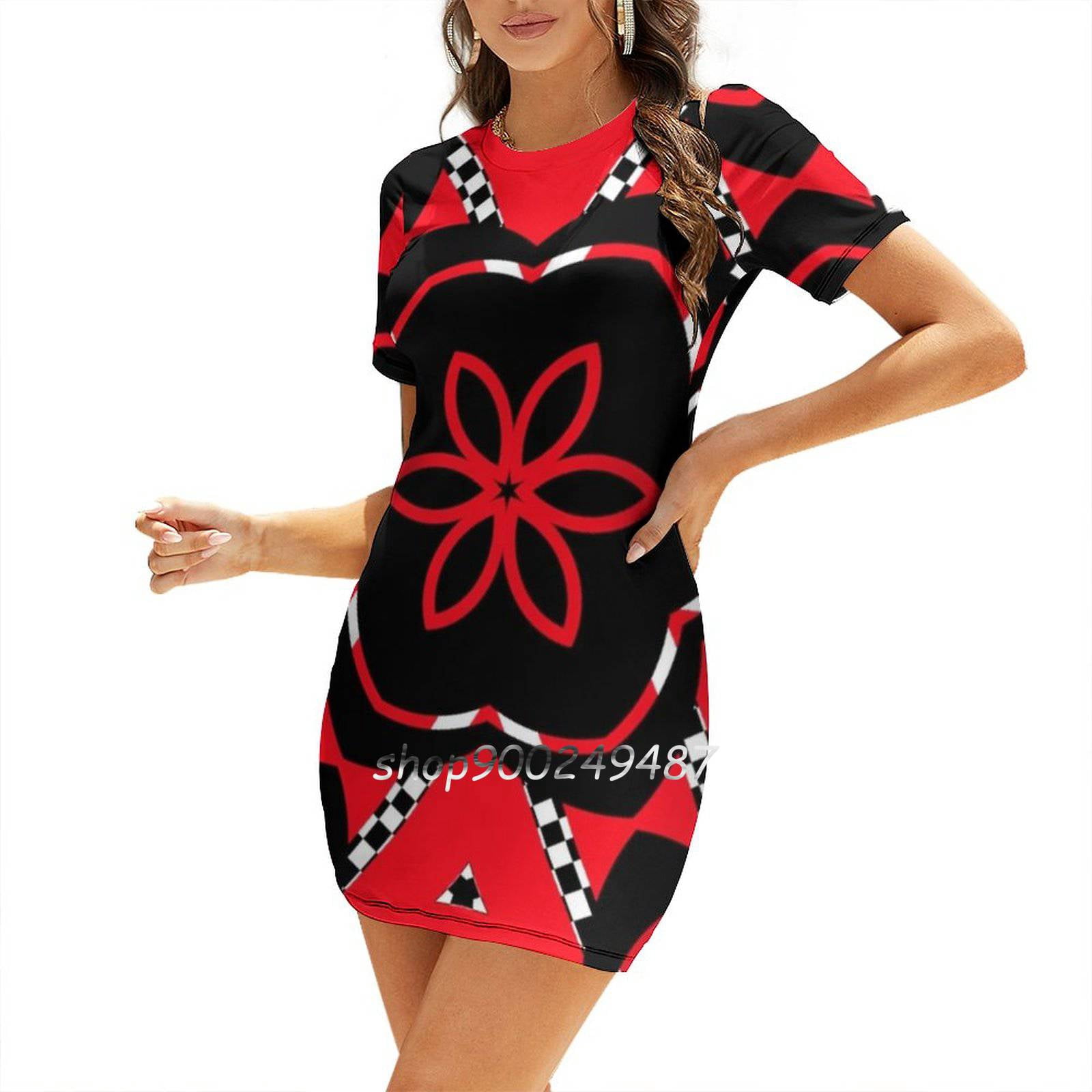 Red & Black Geometric Evening Party Dresses Midi Sexy Dress Female ...