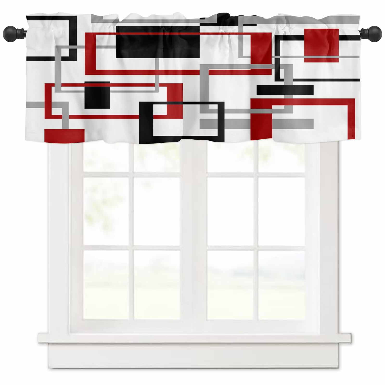 Red Black Geometric Valances for Windows Farmhouse Kitchen Curtains ...