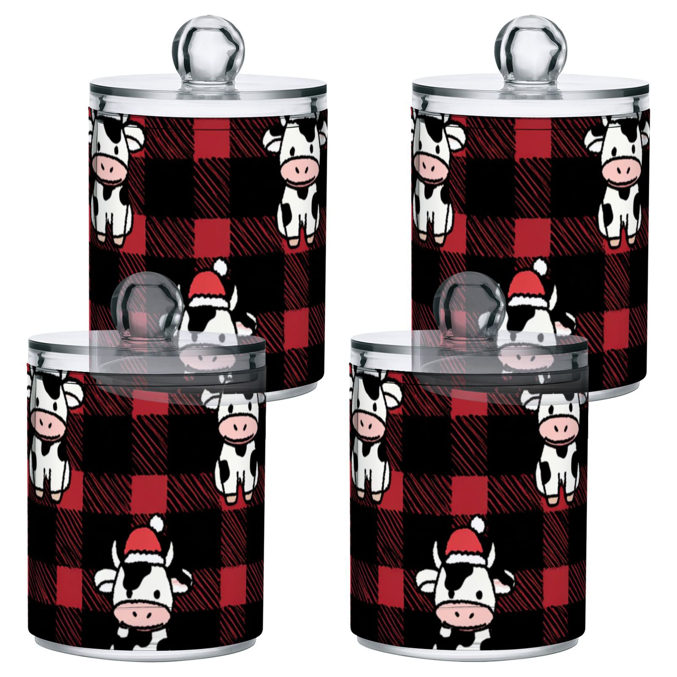 Red Black Gingham Plaids Christmas Cartoon Cow Translucent Plastic Cans ...