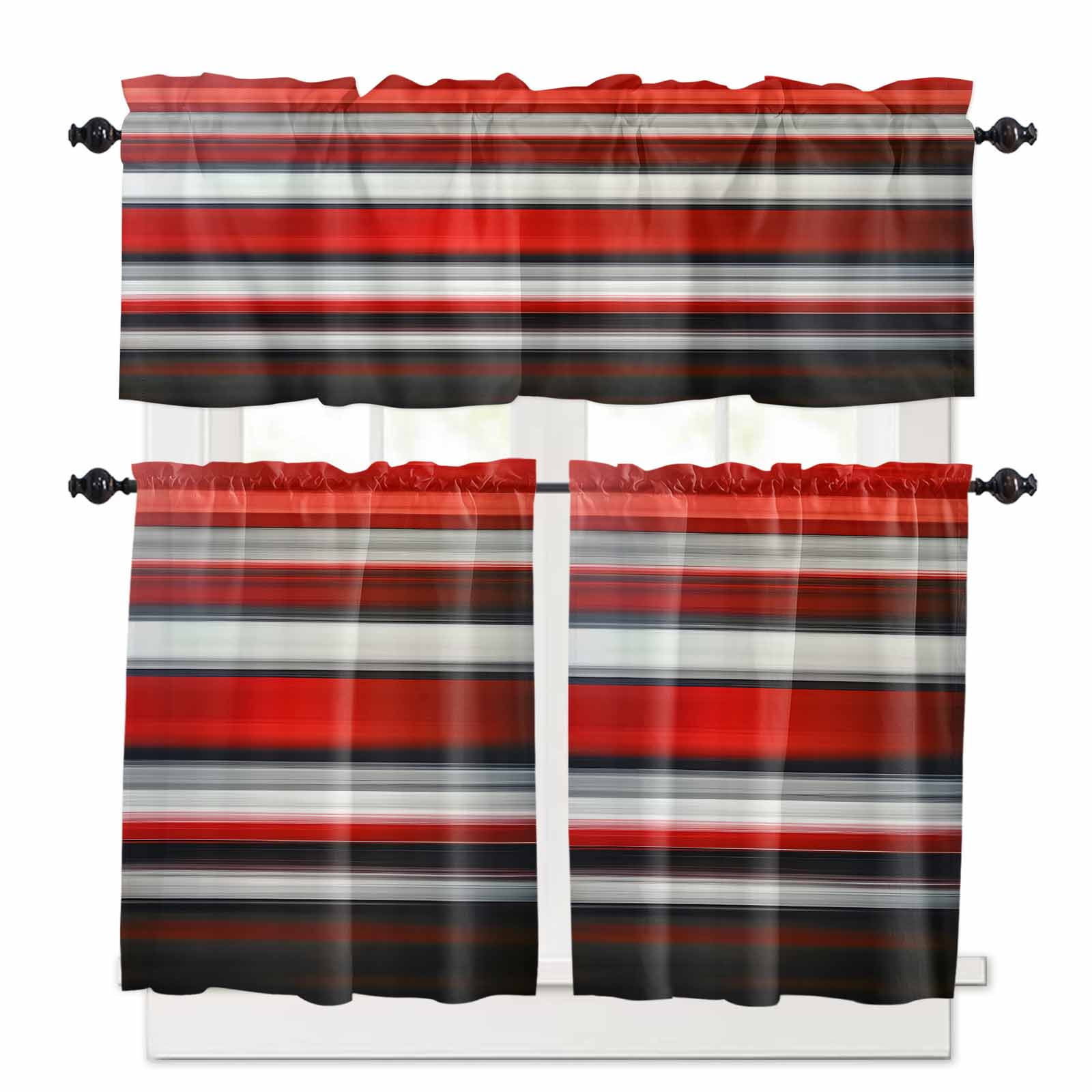 Red Black Gradient Kitchen Curtains and Valances Set, Geometric Strip ...
