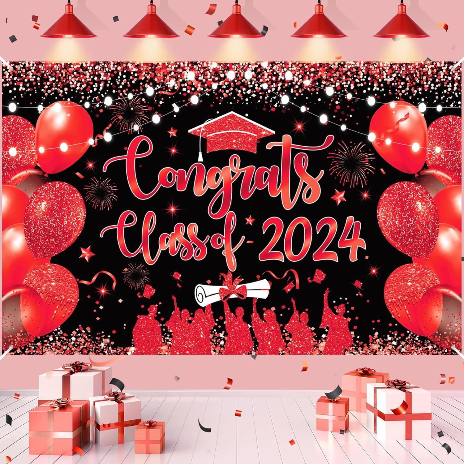 Red Black Graduation Decorations Banner Red Congrats Grad Banner Large ...